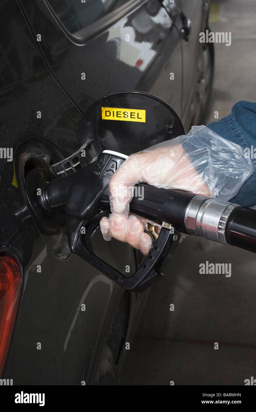 Male hand wearing plastic glove whilst filling car with diesel Stock ...