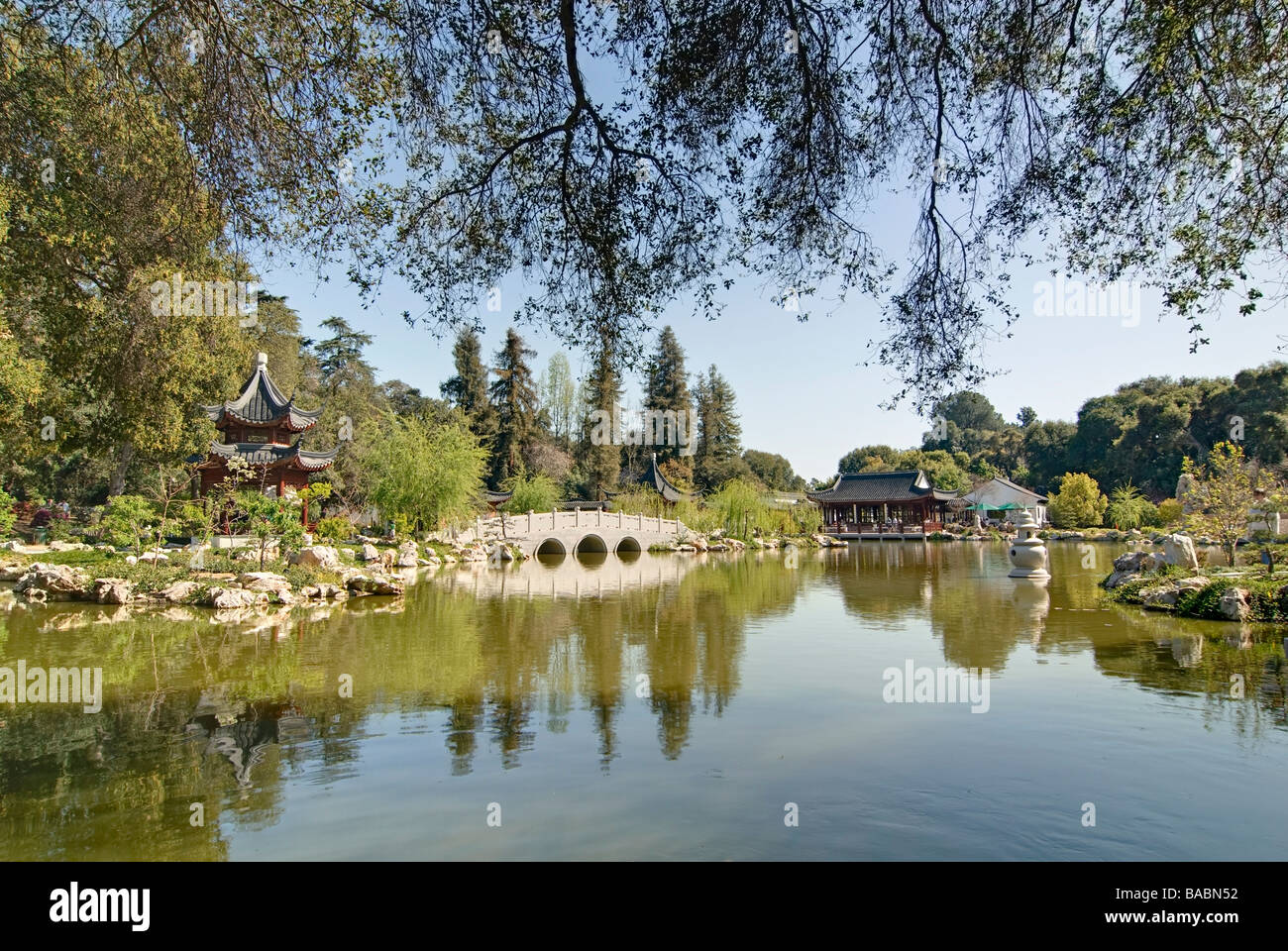 Chinese Garden with Stone Bridge and Pagoda Stock Photo - Alamy