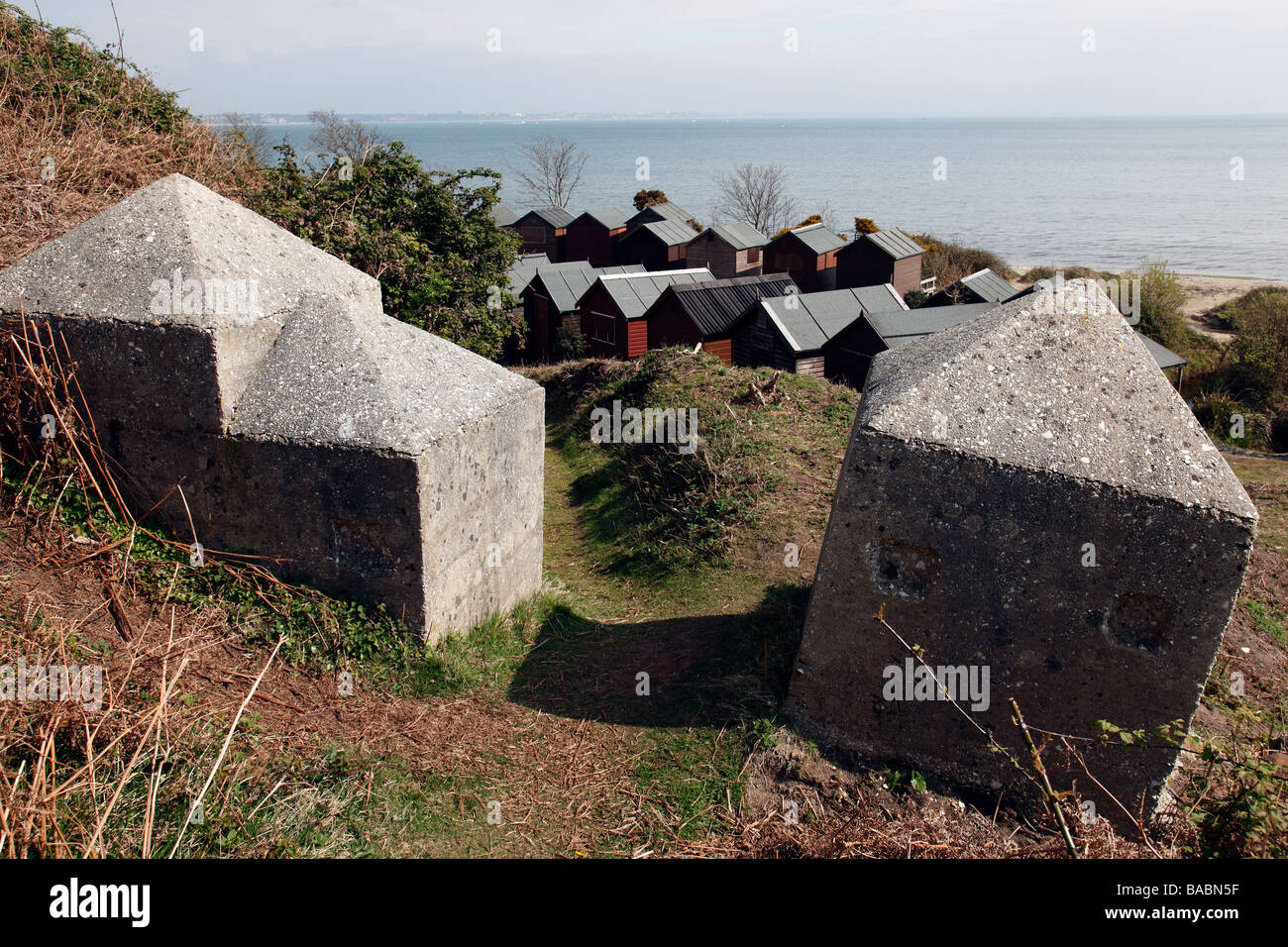 Dragons teeth anti tank defences on Studland Beach near Poole in Dorset ...
