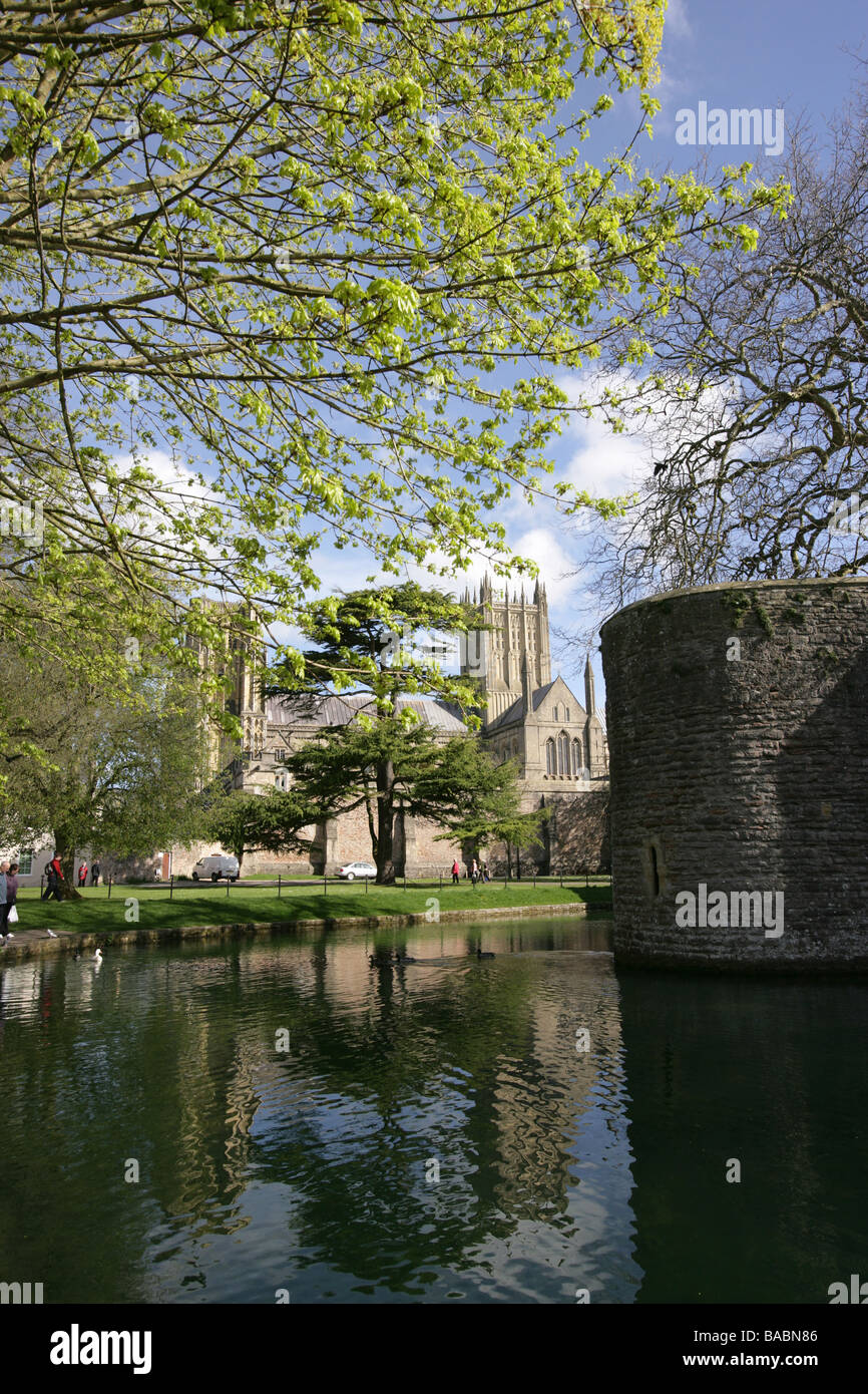 City of Wells, England. The moat and north west tower of the Bishop’s ...