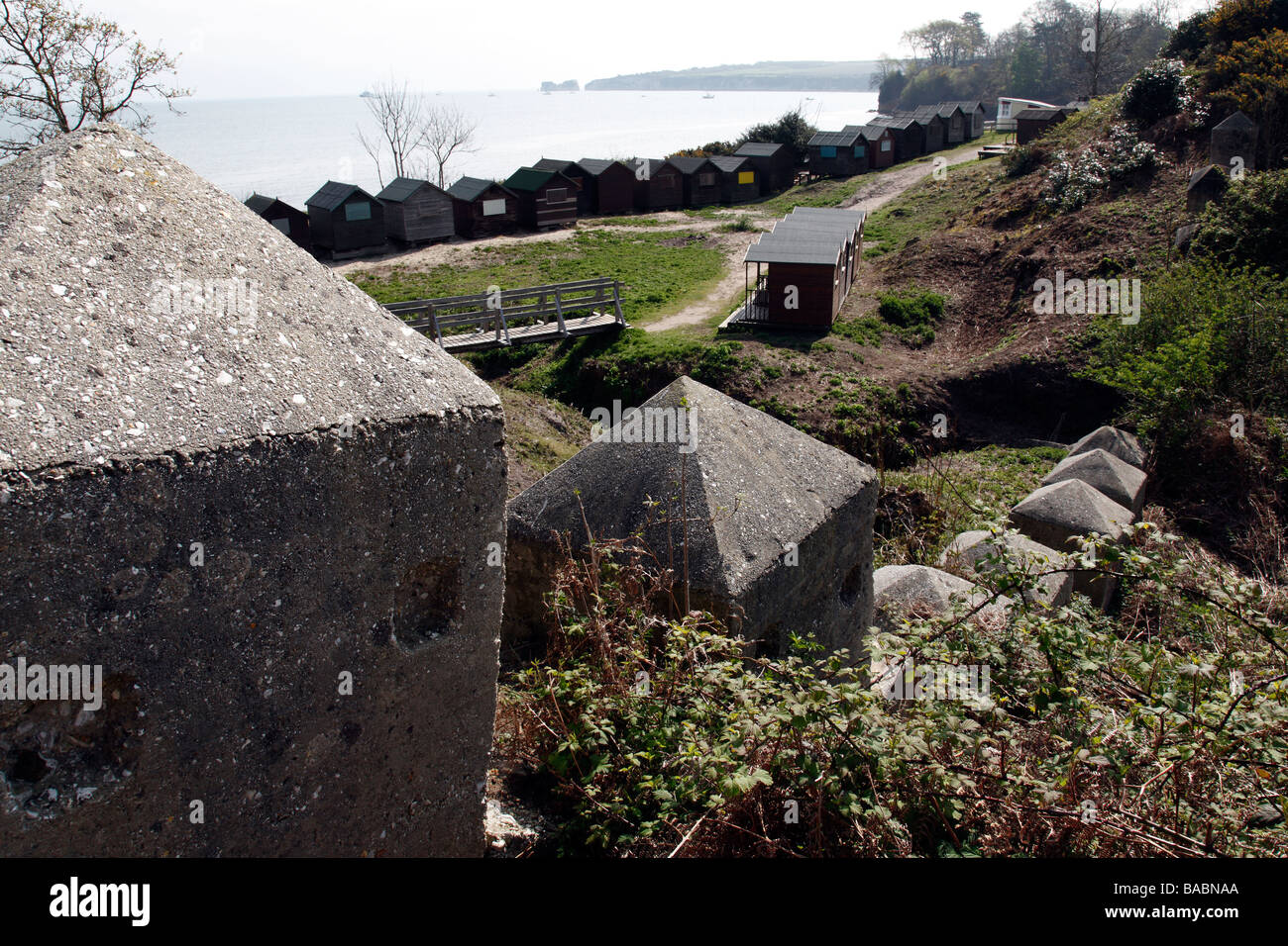 Dragons teeth anti tank defences on Studland Beach near Poole in Dorset ...