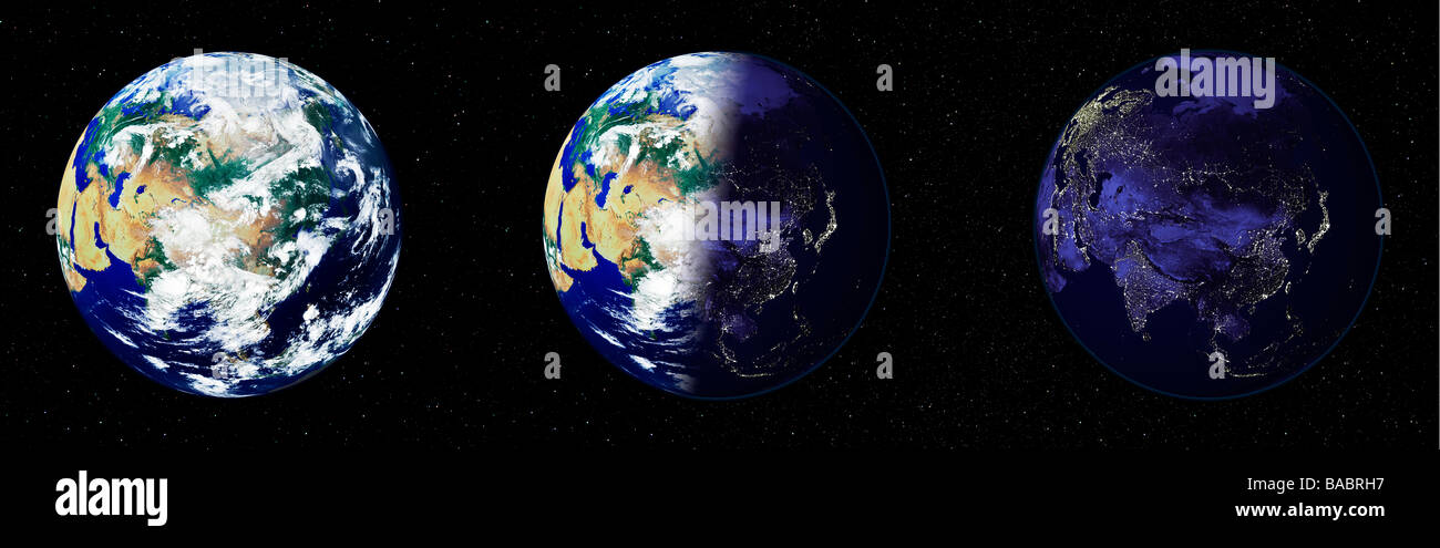Earth viewed from space showing transition between night and day over ...