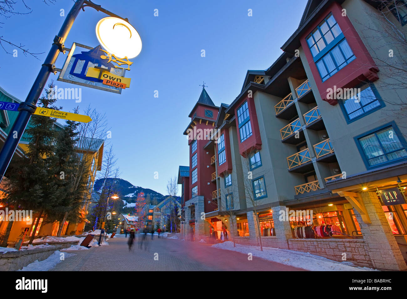 The Town Plaza along the Village Stroll at dusk in Whistler Village ...