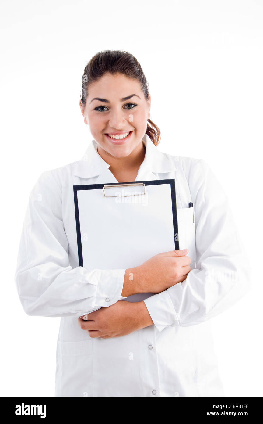 smiling doctor holding writing pad Stock Photo - Alamy
