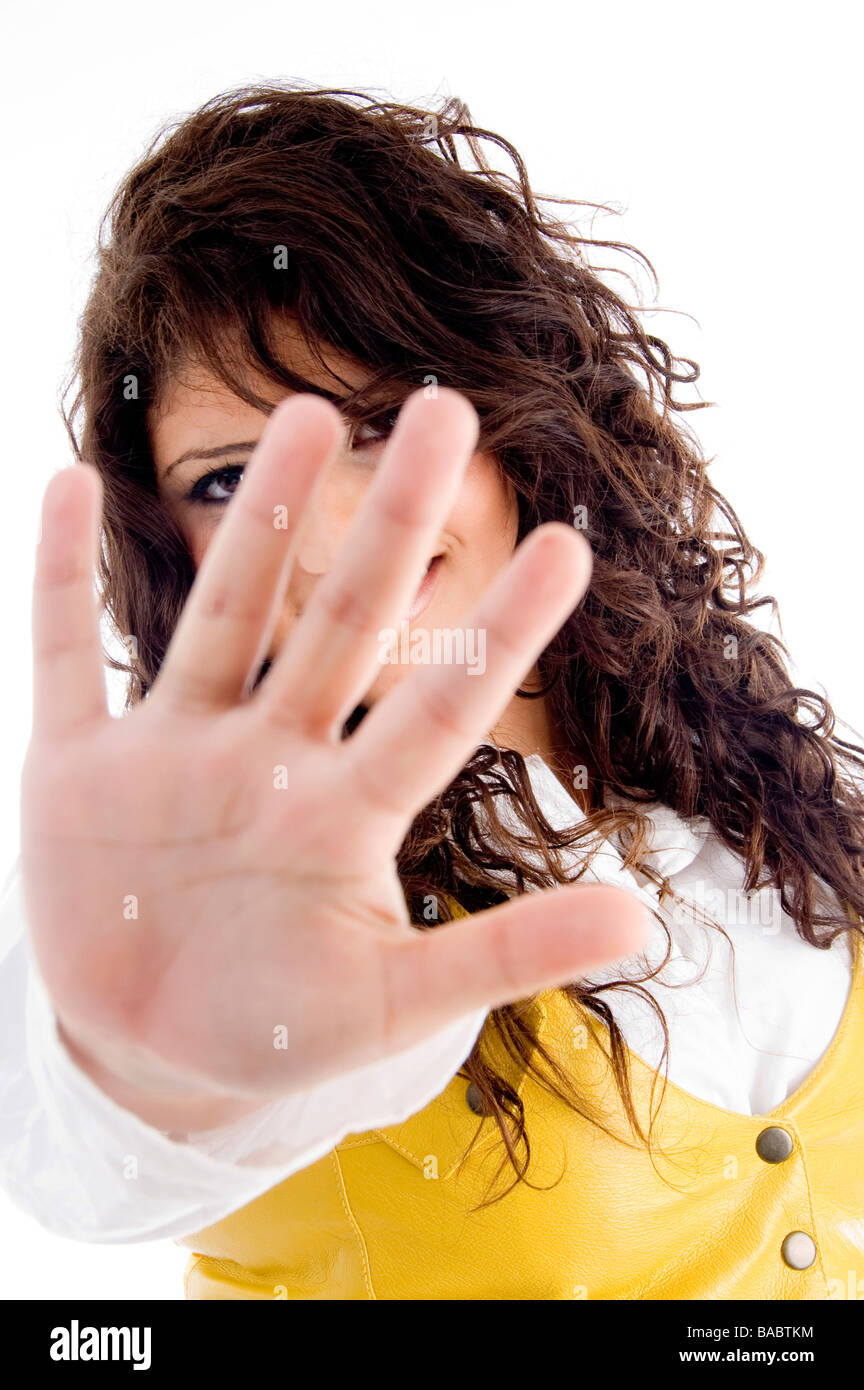 pretty woman stopping someone with open palm Stock Photo - Alamy