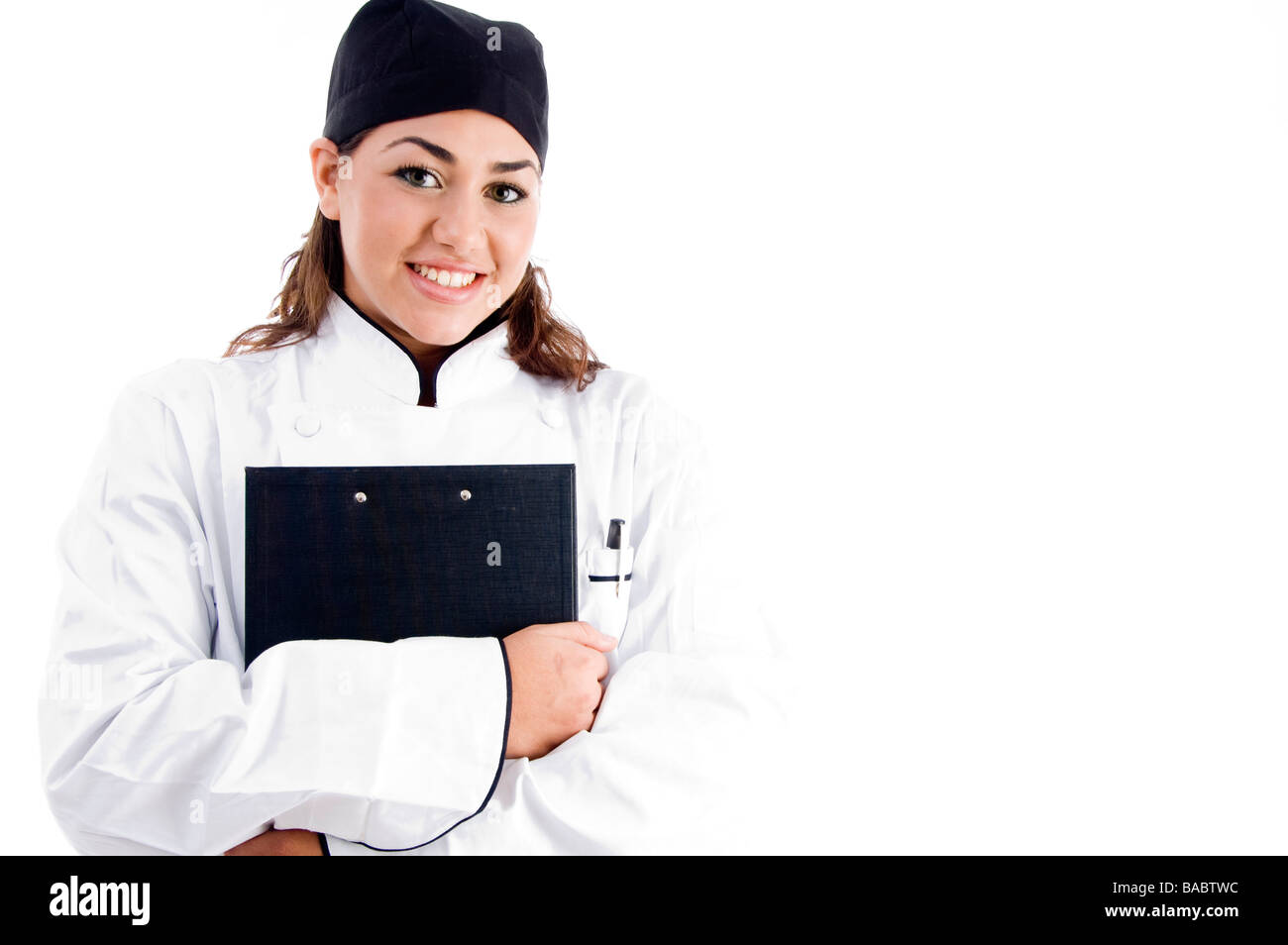 beautiful female chef holding notepad Stock Photo - Alamy