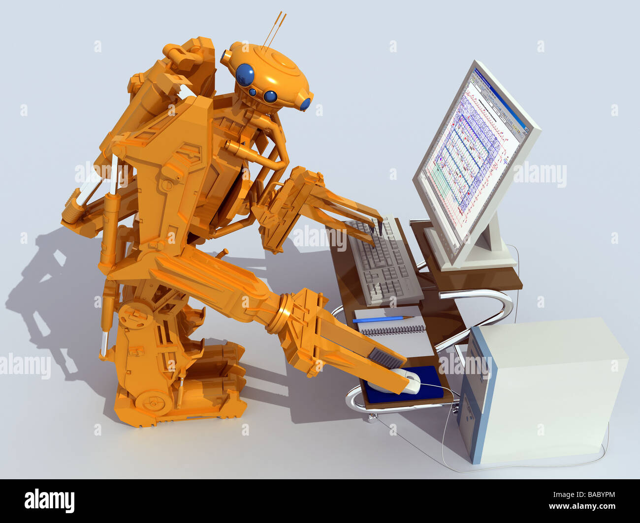 The robot works on the computer 3D image Stock Photo - Alamy