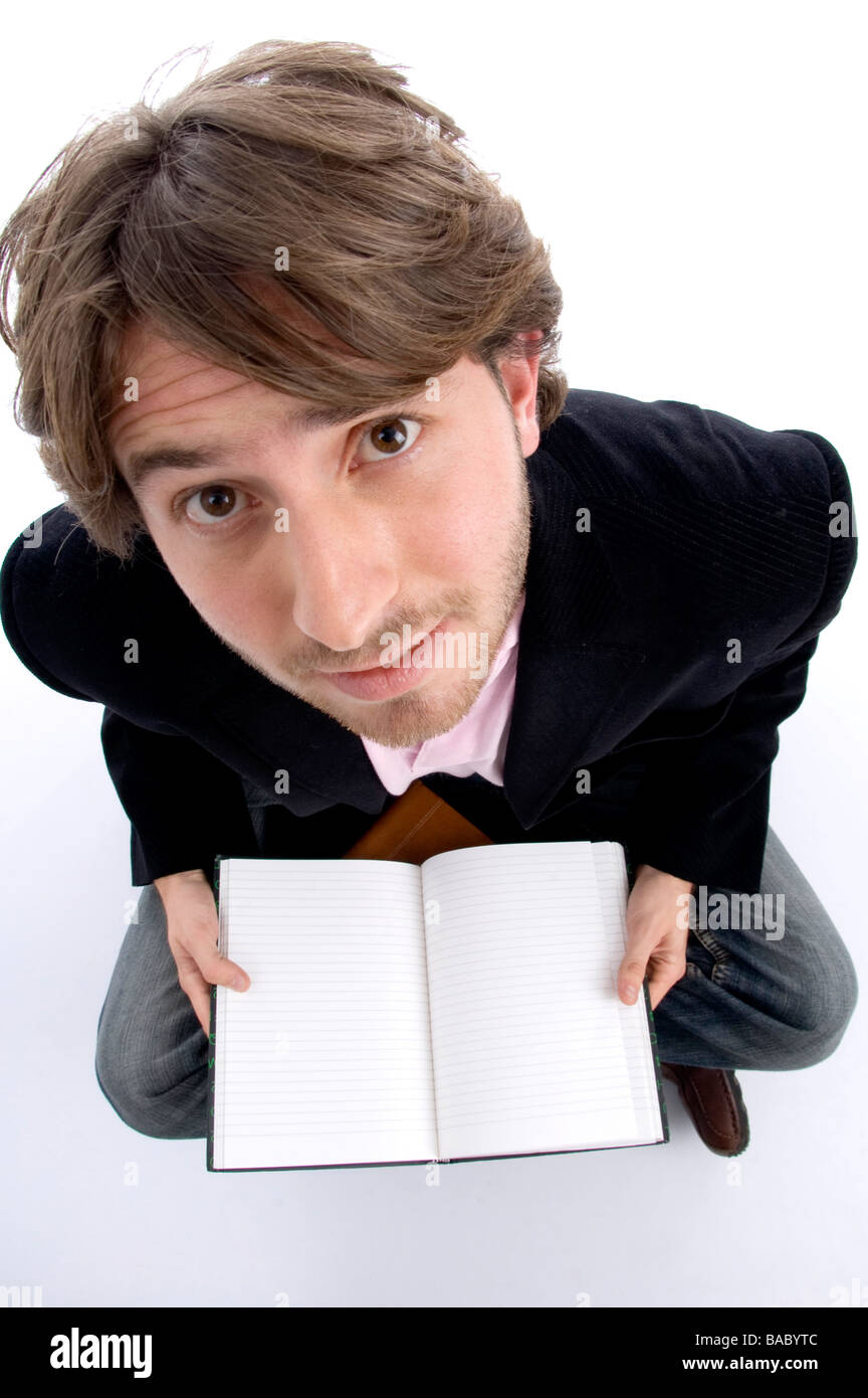 man holding notebook and looking upward Stock Photo - Alamy
