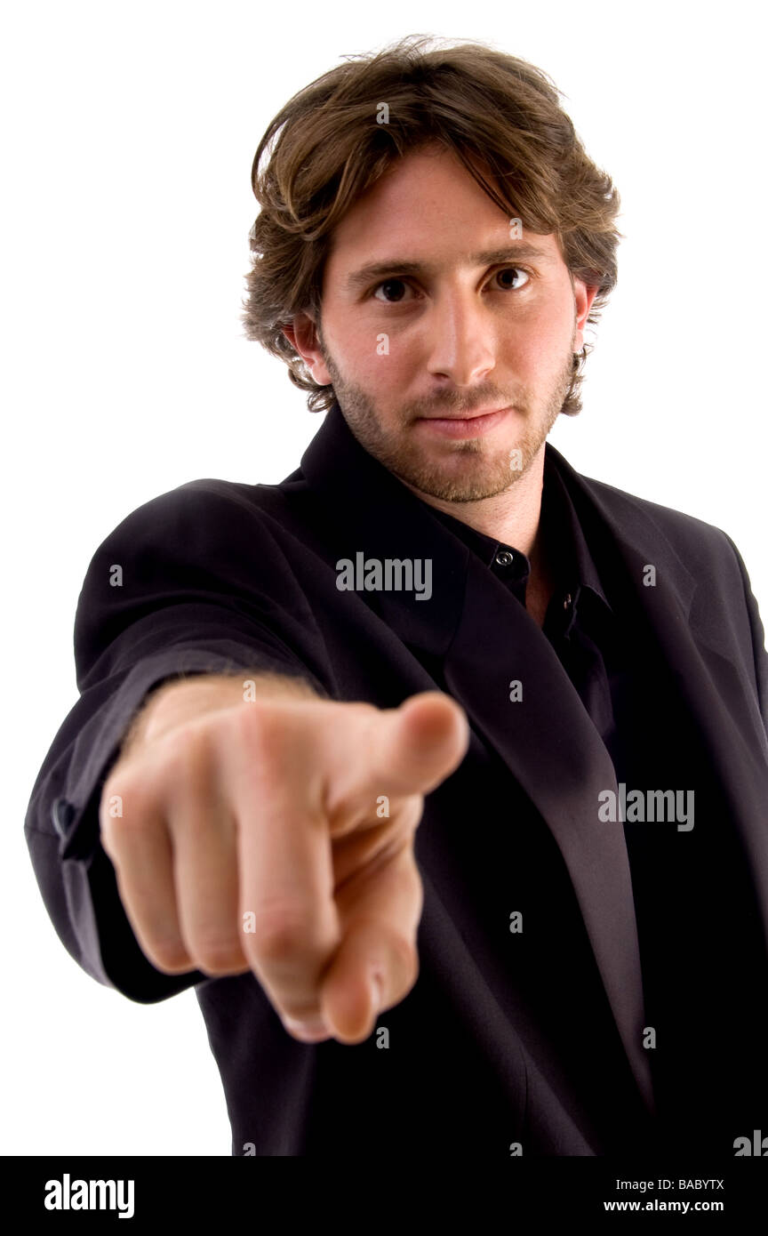 pointing man looking at camera Stock Photo - Alamy