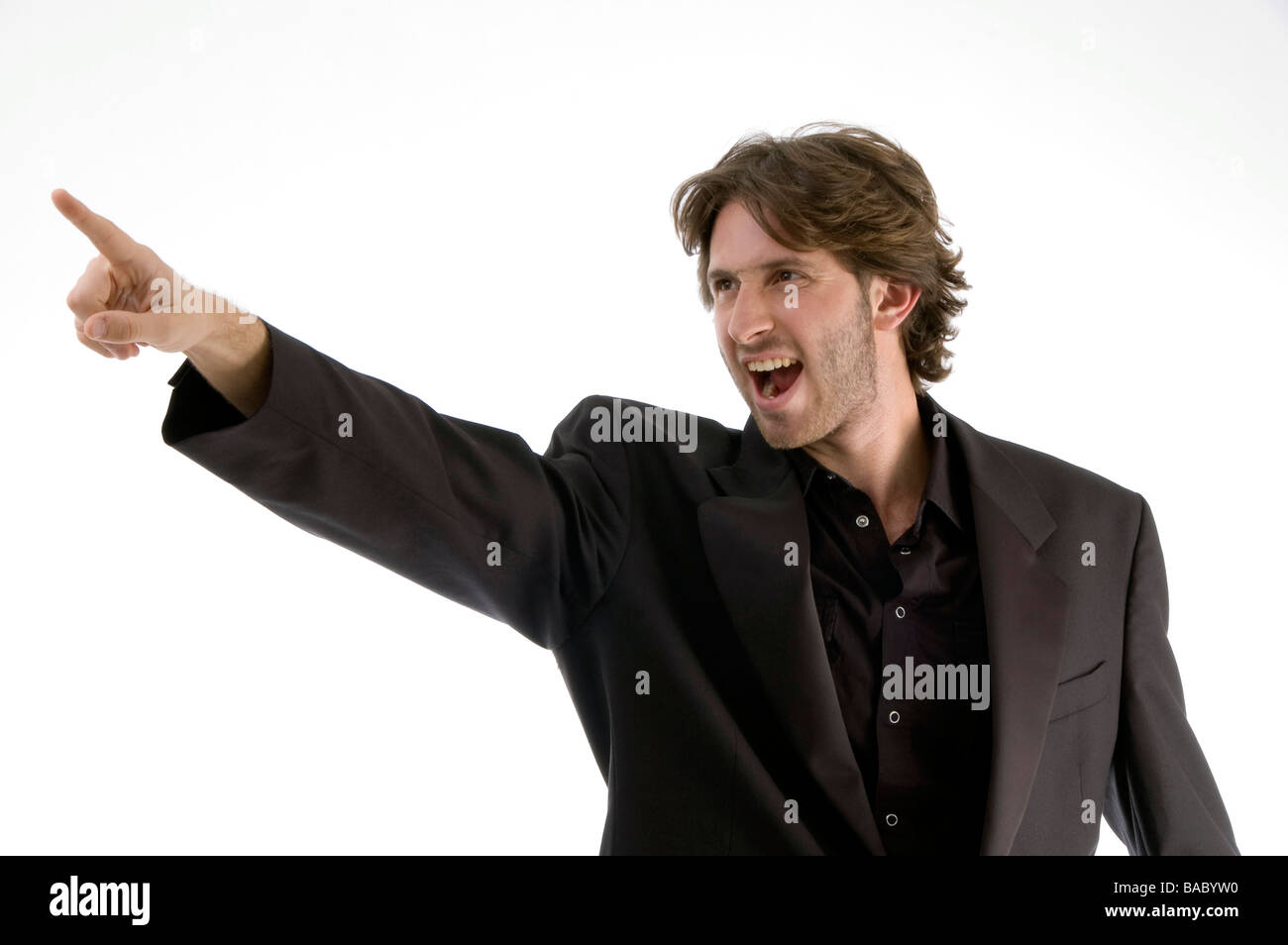 shouting man pointing sideways Stock Photo - Alamy