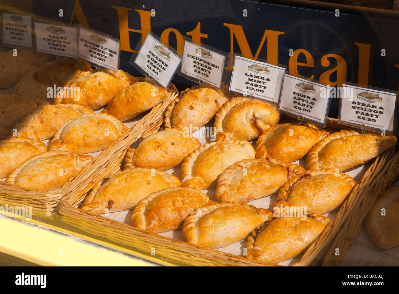 A selection of pastys in the window of the cornish pasty bakery in York ...