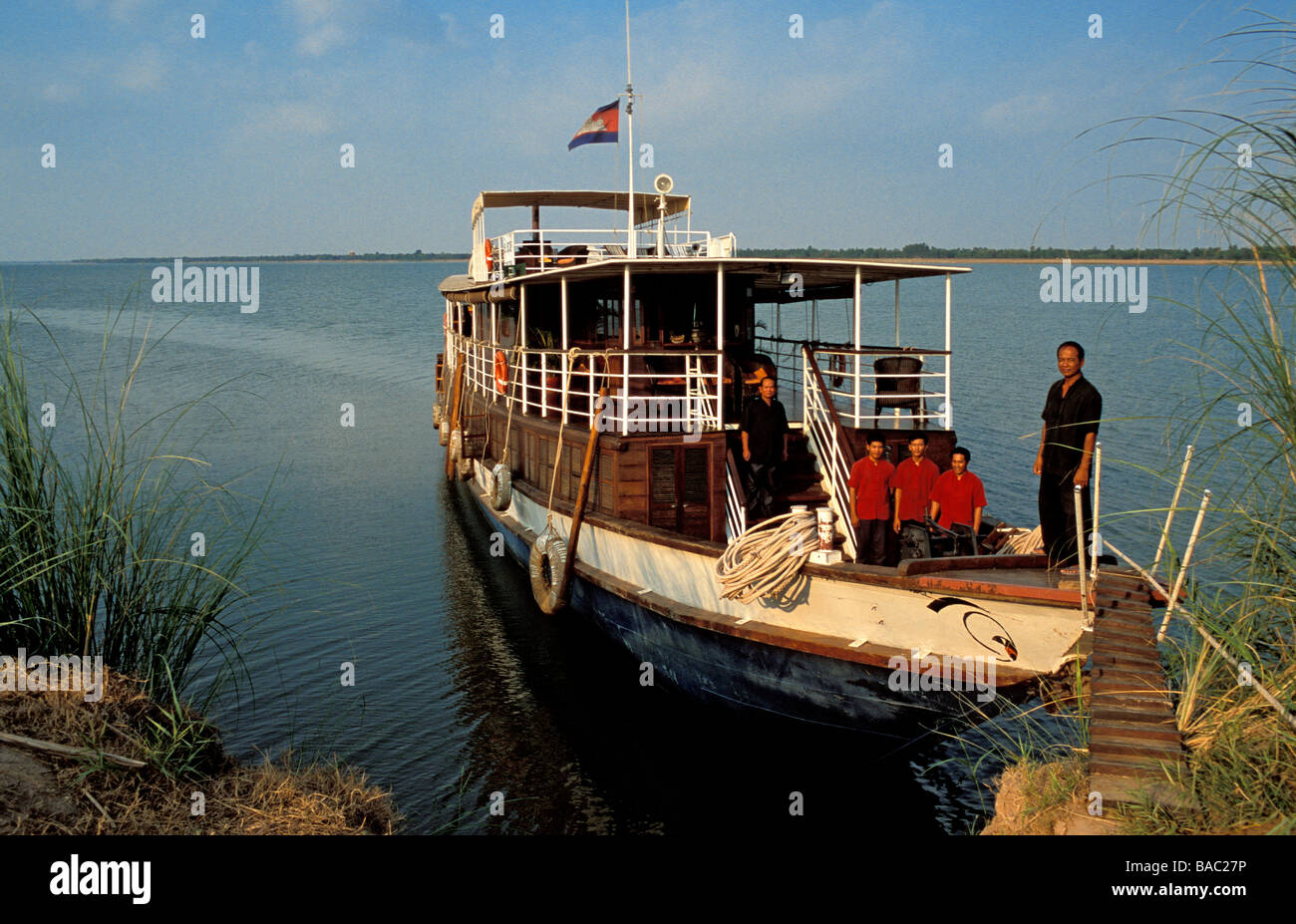 Cambodia, the Toum Teav cruise boat sailing the Mekong River, captain ...