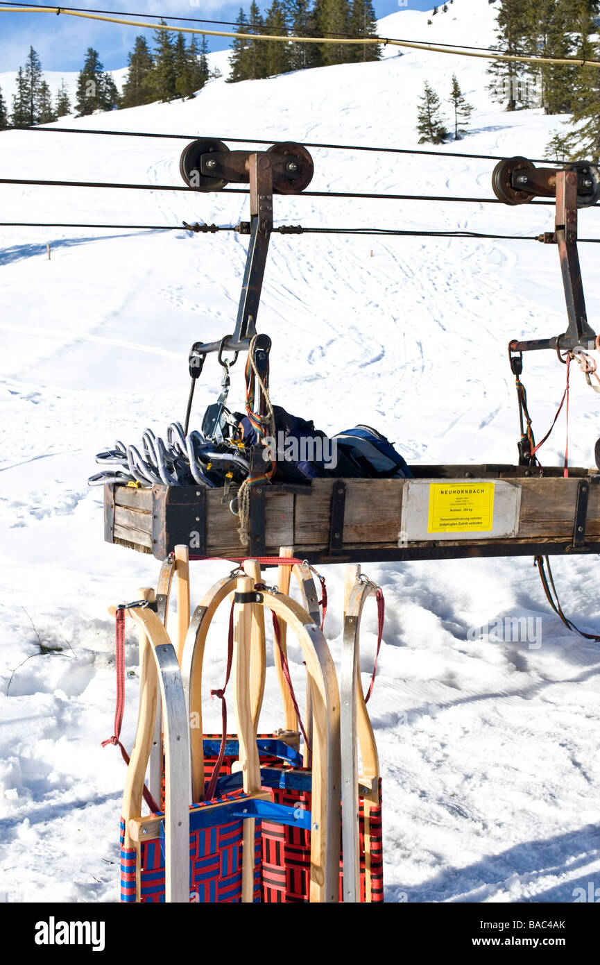 Freight elevator and sled in front of the Neuhornbach hut Bregenz ...