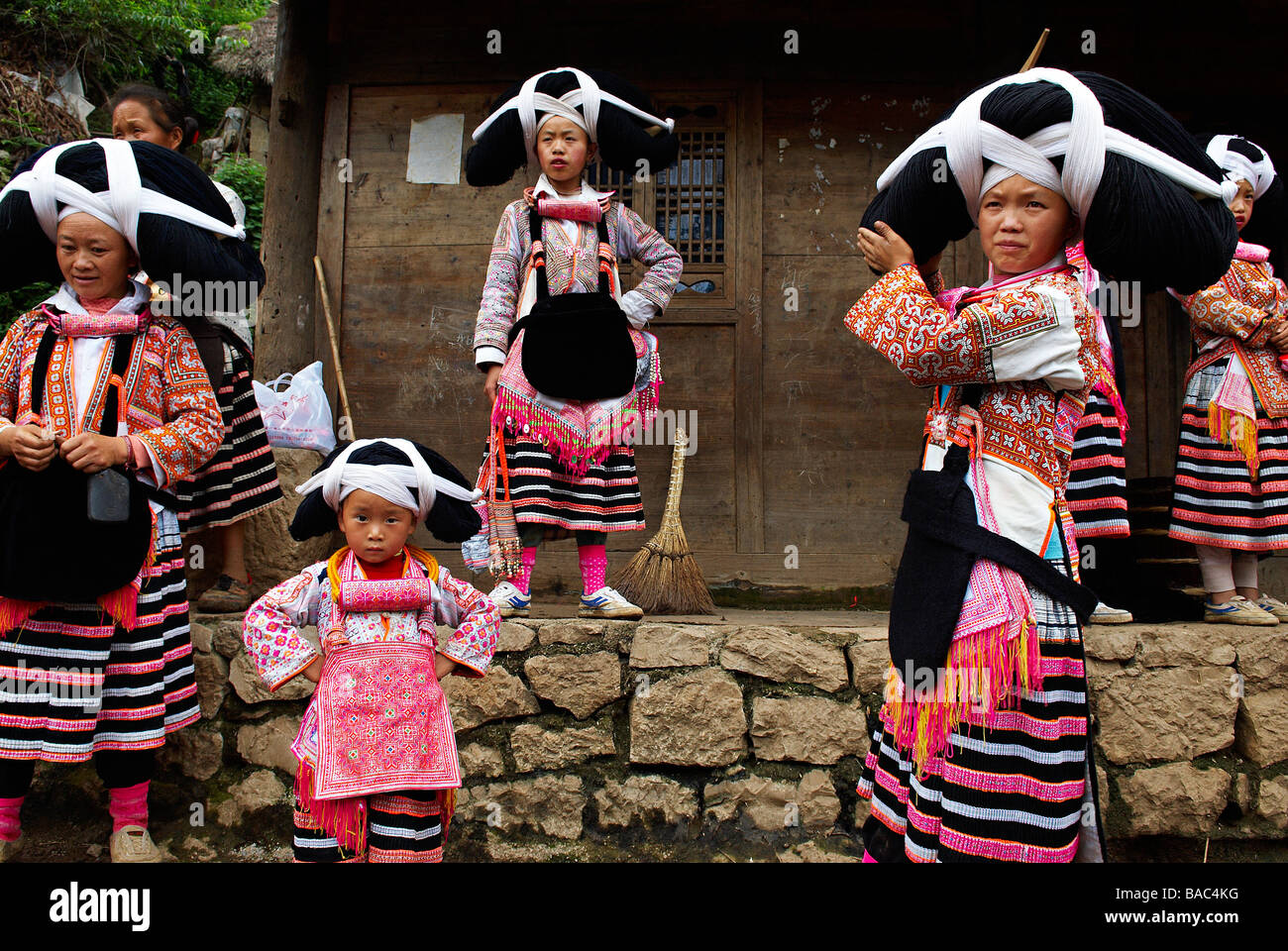 China, Guizhou Province, Longjia village, Long Horn Miao girls in ...
