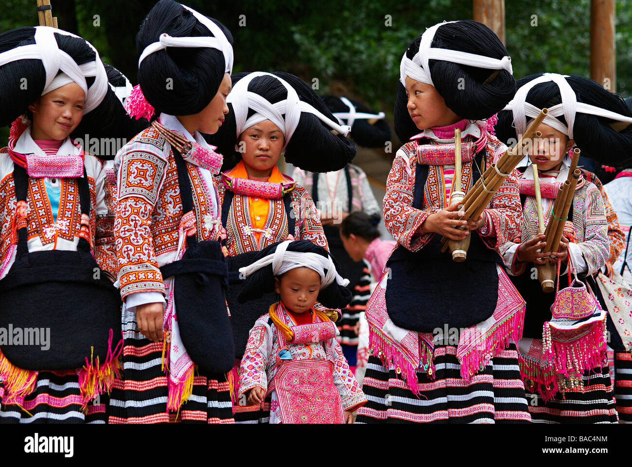 China, Guizhou Province, Longjia village, Long Horn Miao girls in ...