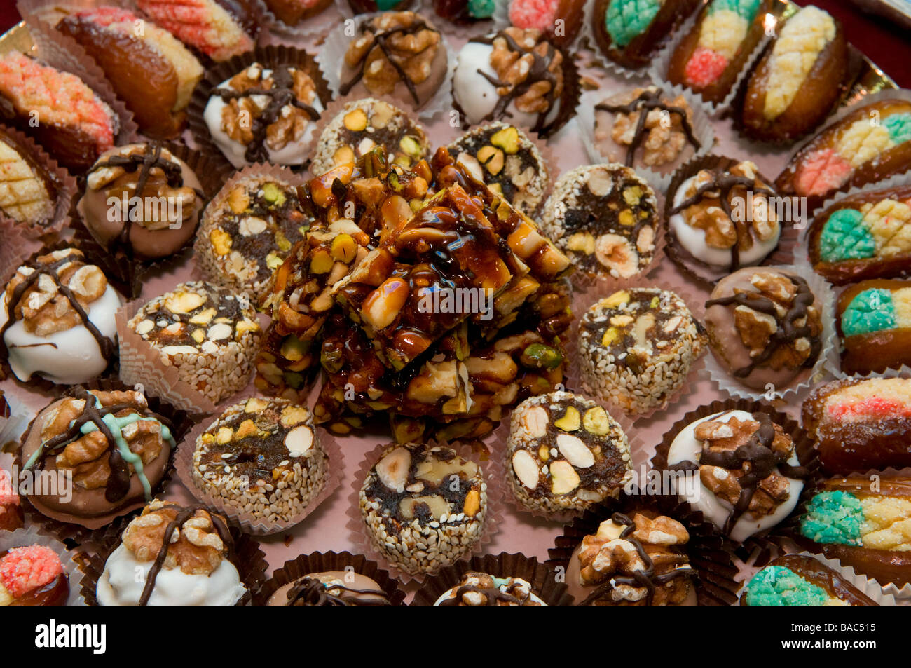 Decorated sweets served during the Mimunah Jewish Morrocan festival ...