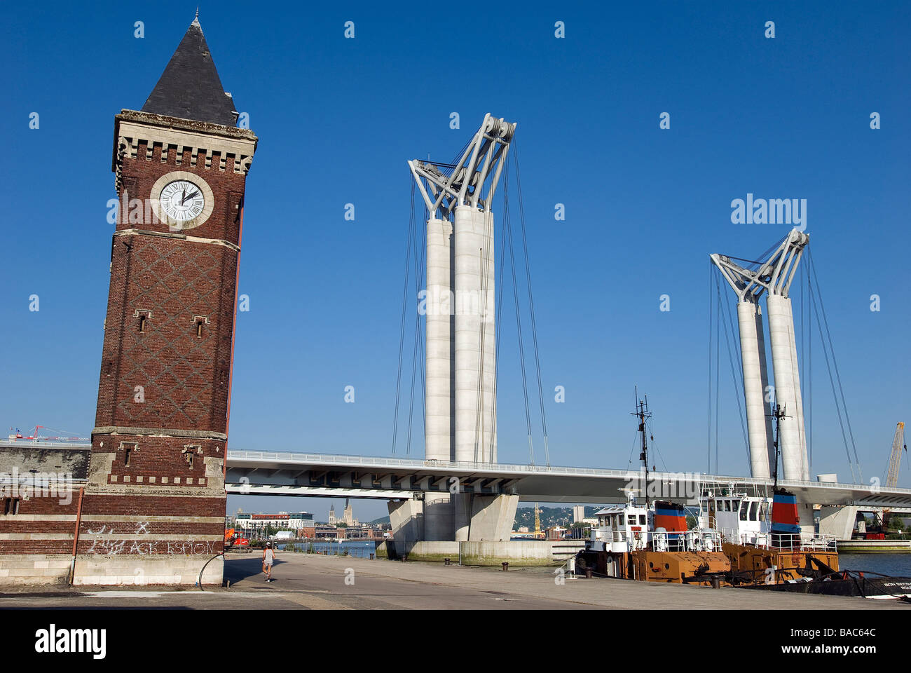 France, Seine Maritime, Rouen, Flaubert lift bridge and port Stock ...
