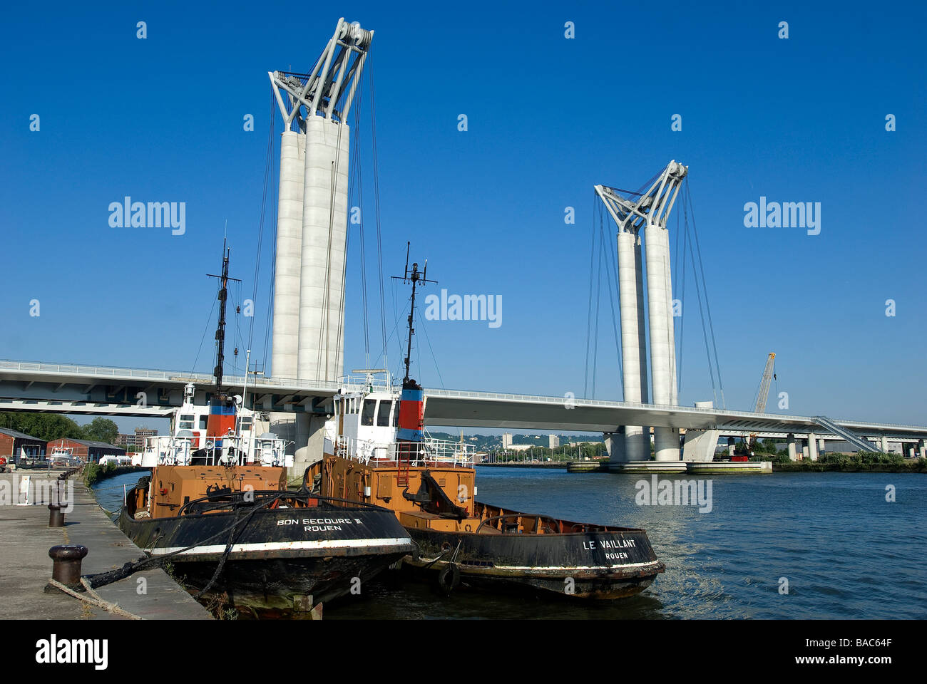 France, Seine Maritime, Rouen, Flaubert lift bridge and port Stock ...
