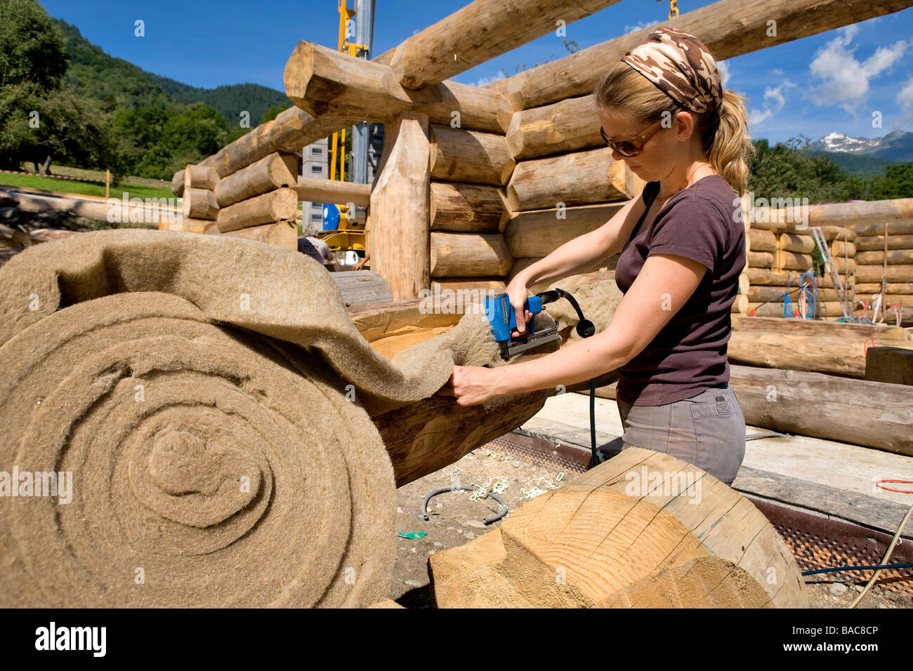 France, savoie, Le Bois, log building of a fuste (house made of raw ...