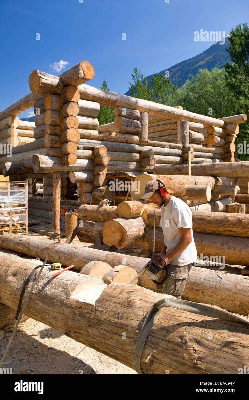 France, Savoie, Rognaix, log building of a fuste (house made of wood ...