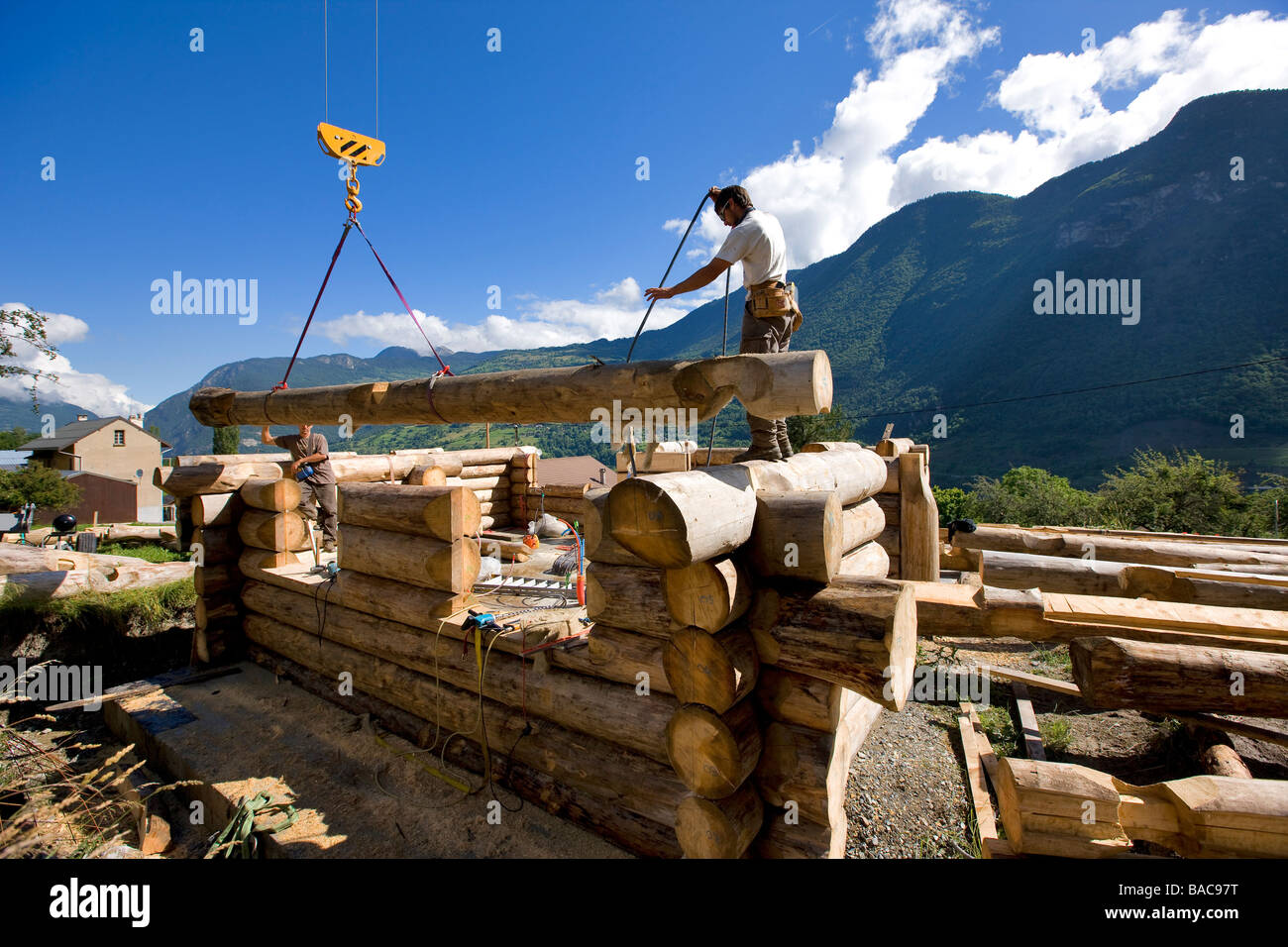 France, savoie, Le Bois, log building of a fuste (house made of raw ...