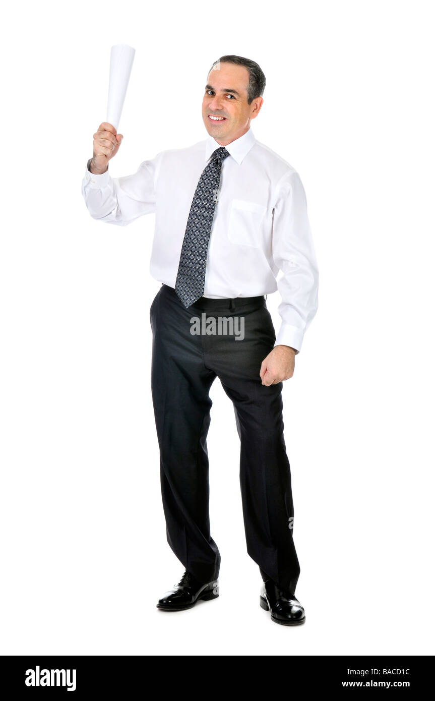 Business man in suit holding rolled up paper Stock Photo - Alamy
