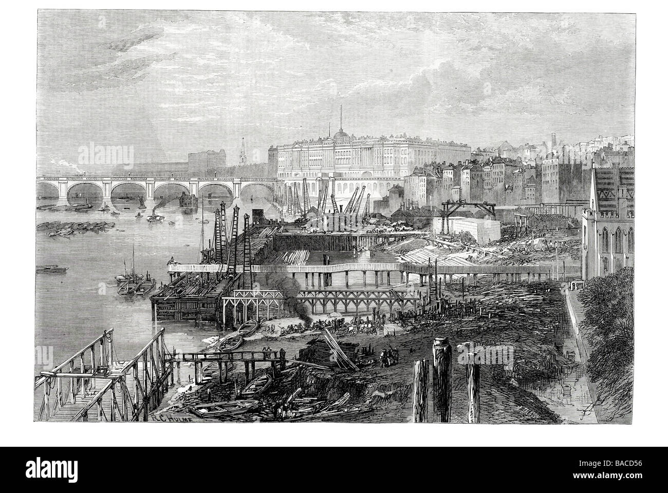 progress of the thames embankment at the temple gardens view from river ...