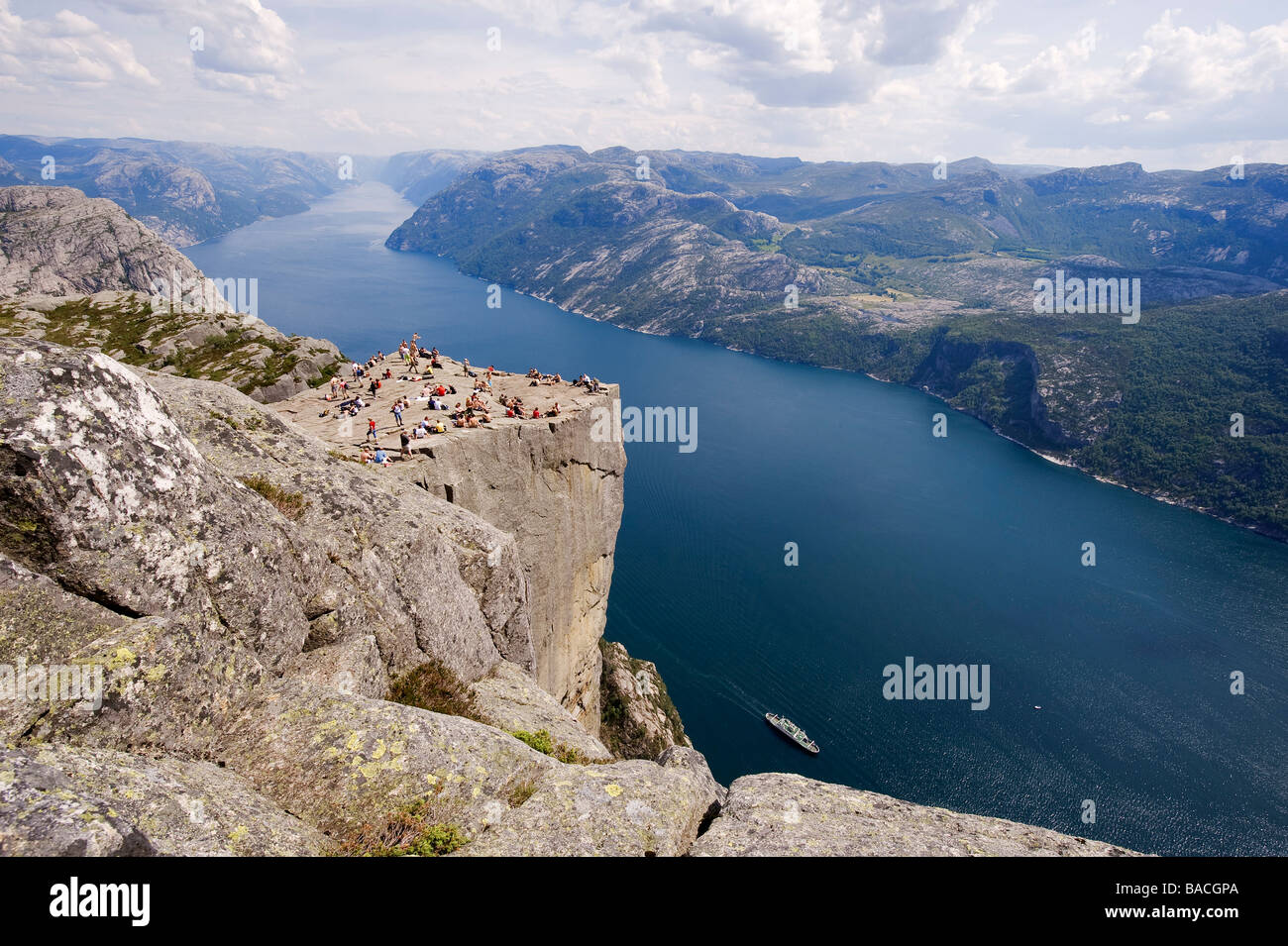 Norway, Rogaland County, Lysebotn Fjord, Preikestolen Rock at 600m ...