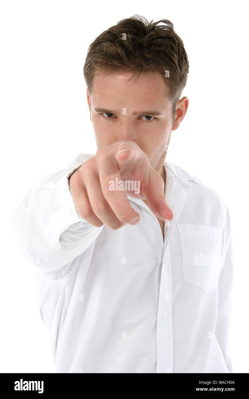 Young man pointing forward with his index finger Stock Photo - Alamy