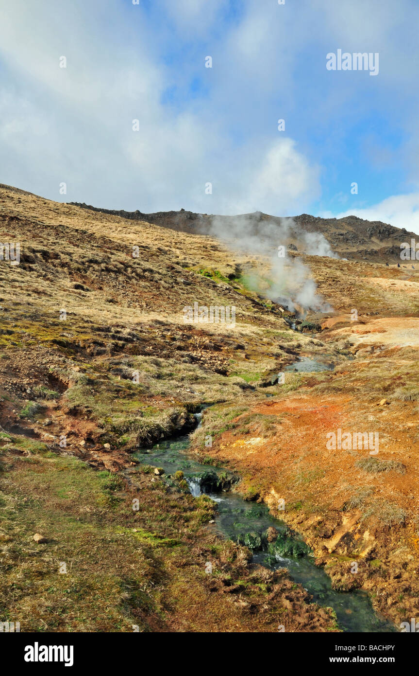 A portrait of stream waters, coloured green, flowing from the hot ...