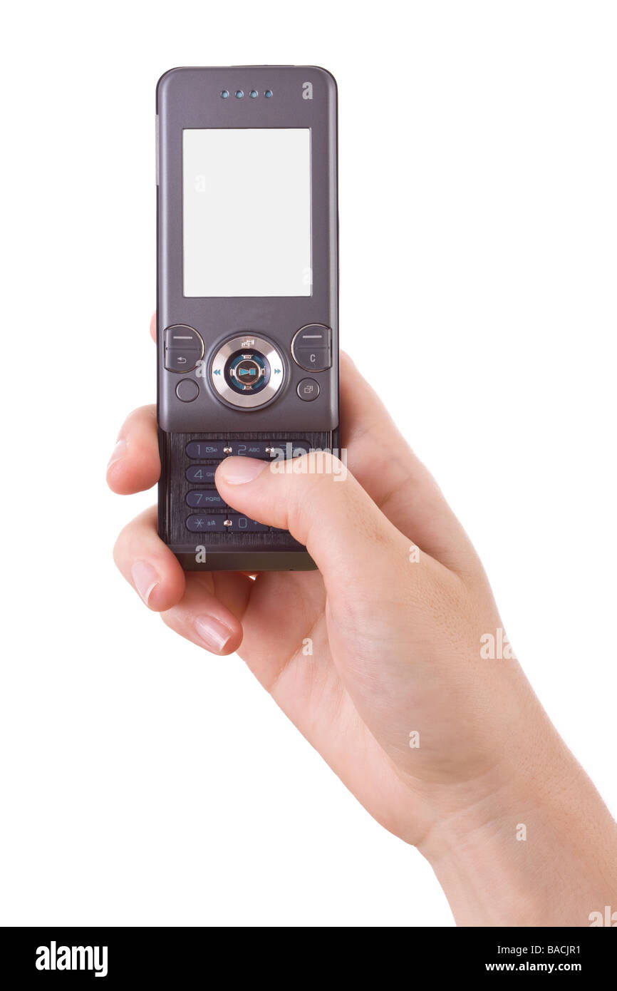 Hand holding and typing in a mobile phone isolated on white Stock Photo ...