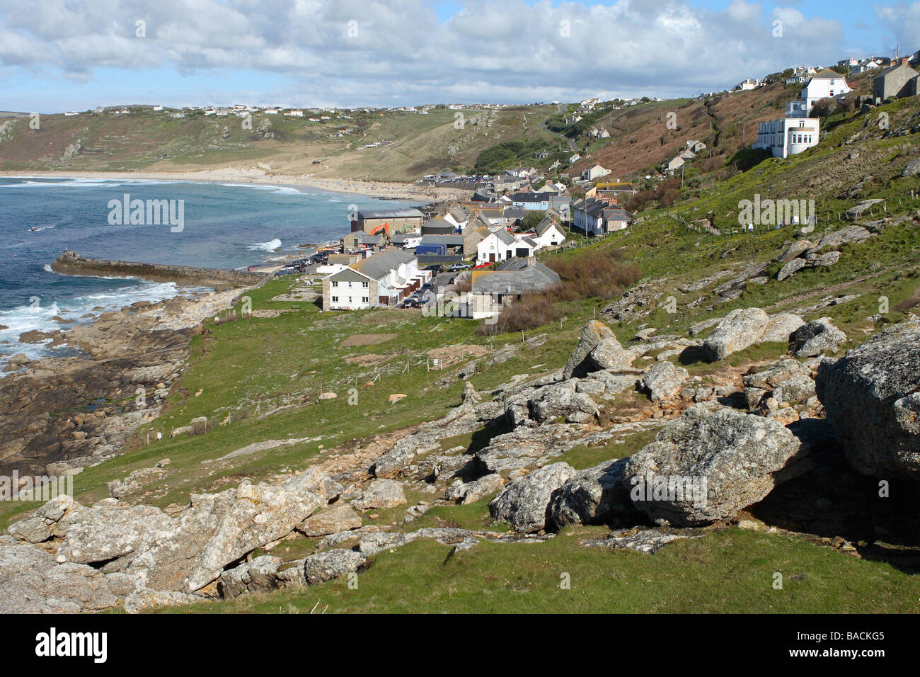 Sennen Cove village Cornwall and sandy beach on the Atlantic coast of ...