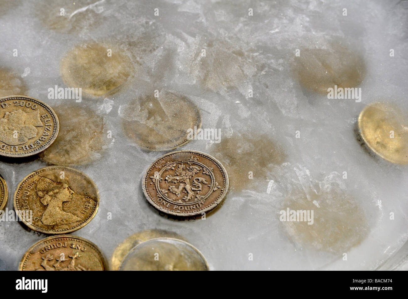 £1 coins (sterling) trapped within frozen ice Stock Photo - Alamy
