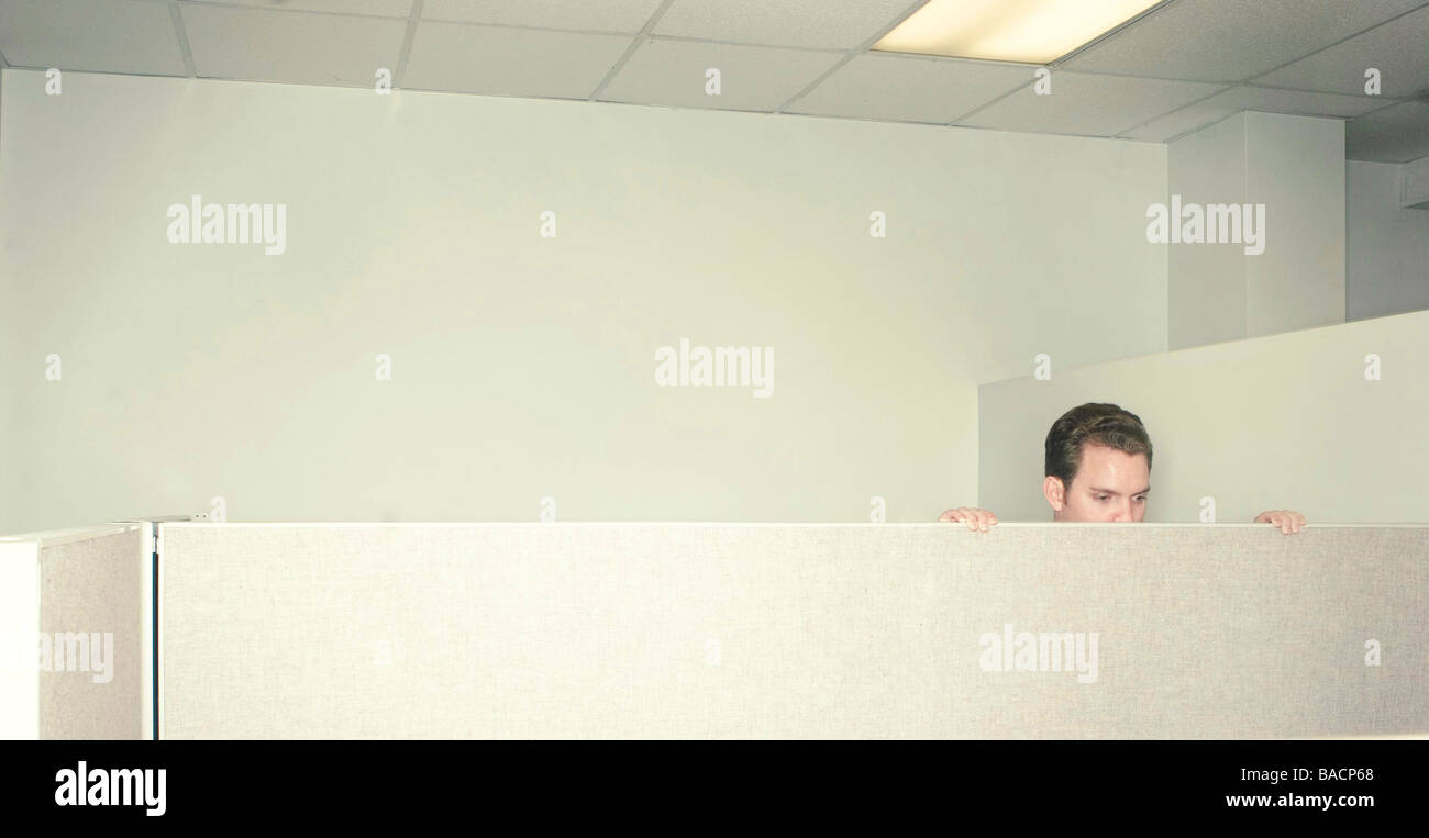 Businessman looks over the cubical wall at his coworkers in their ...