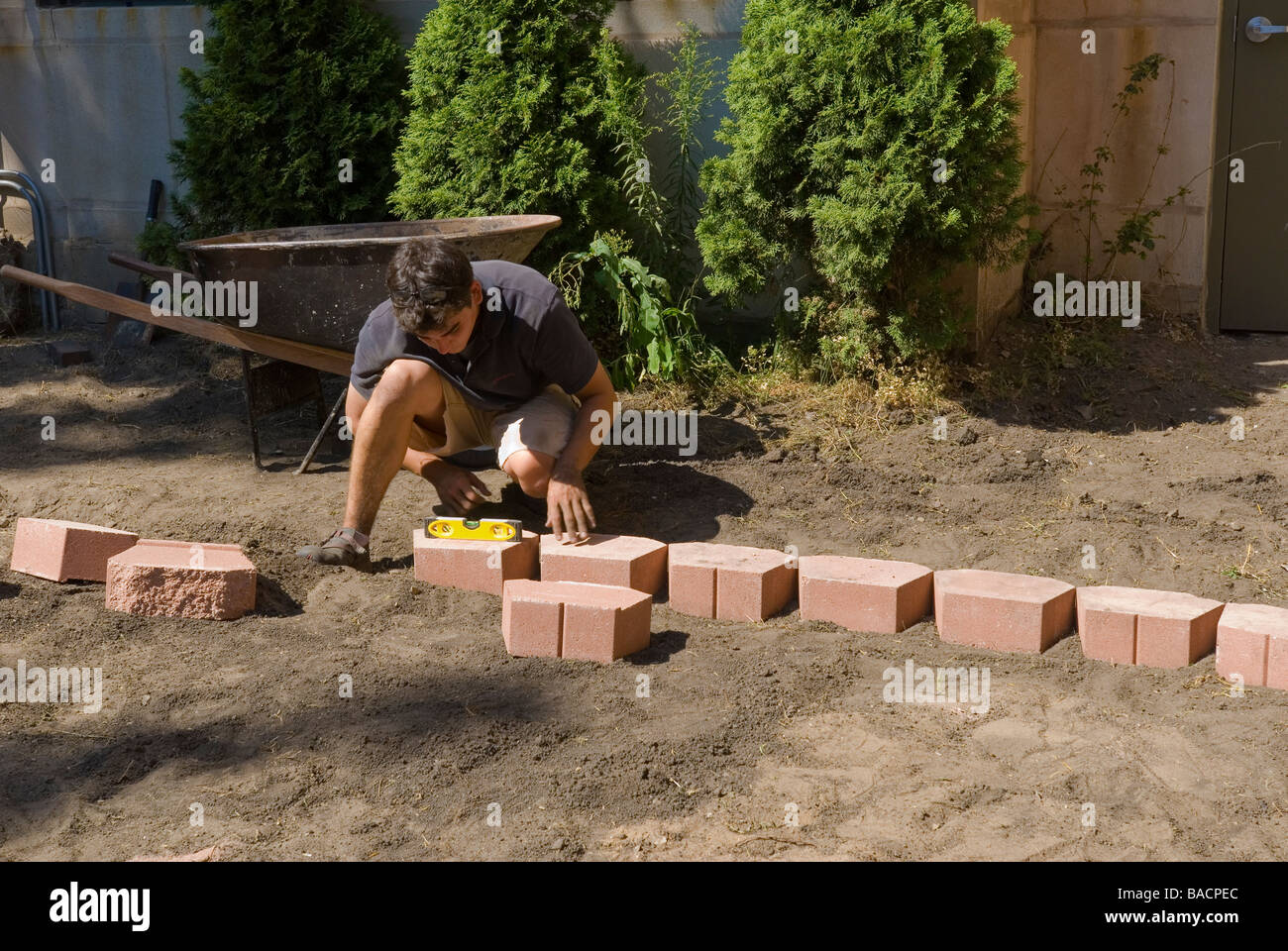 Hispanic Italian landscaping architect laying pavers for raised flower ...