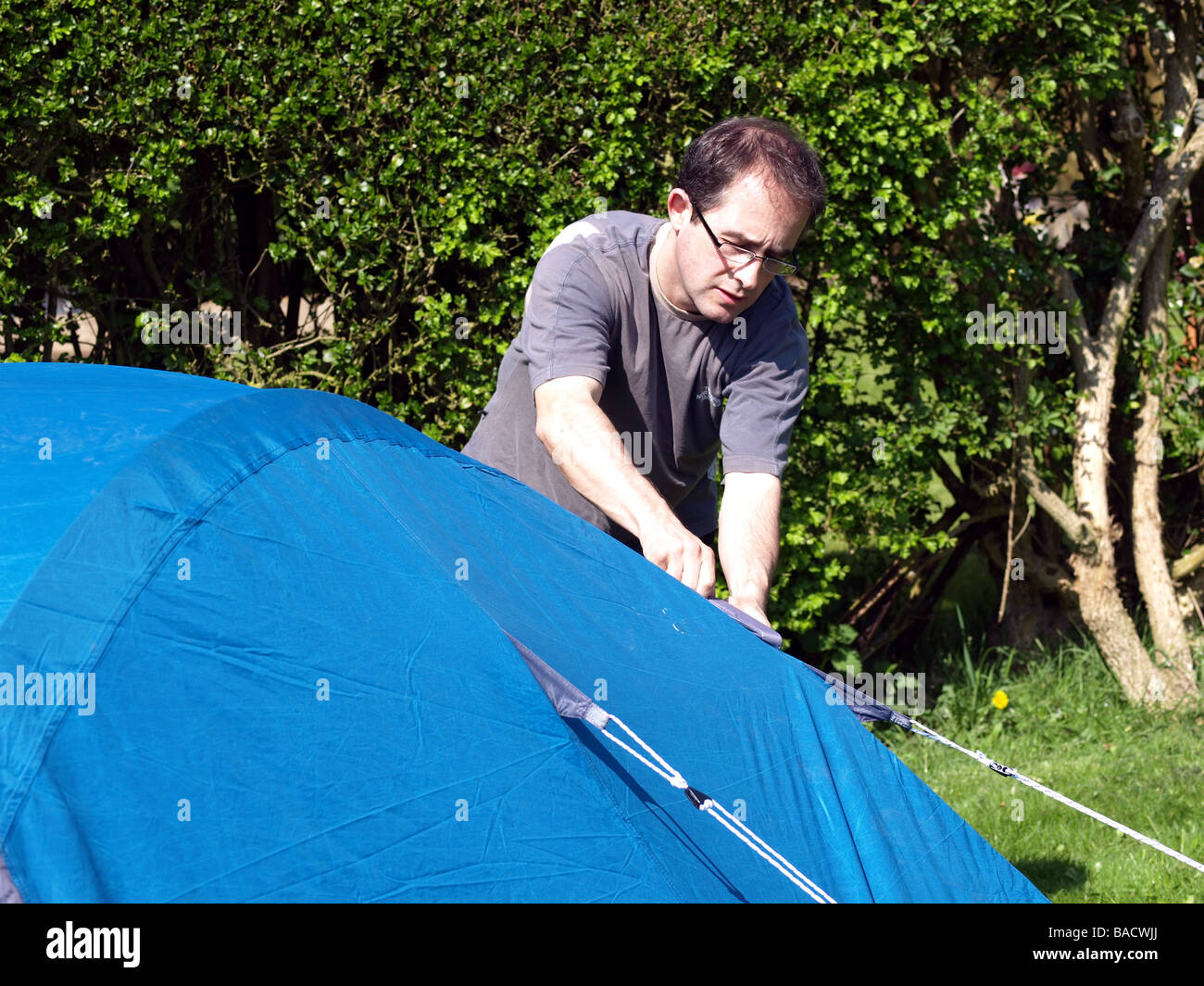 Camper erecting his tent Stock Photo - Alamy