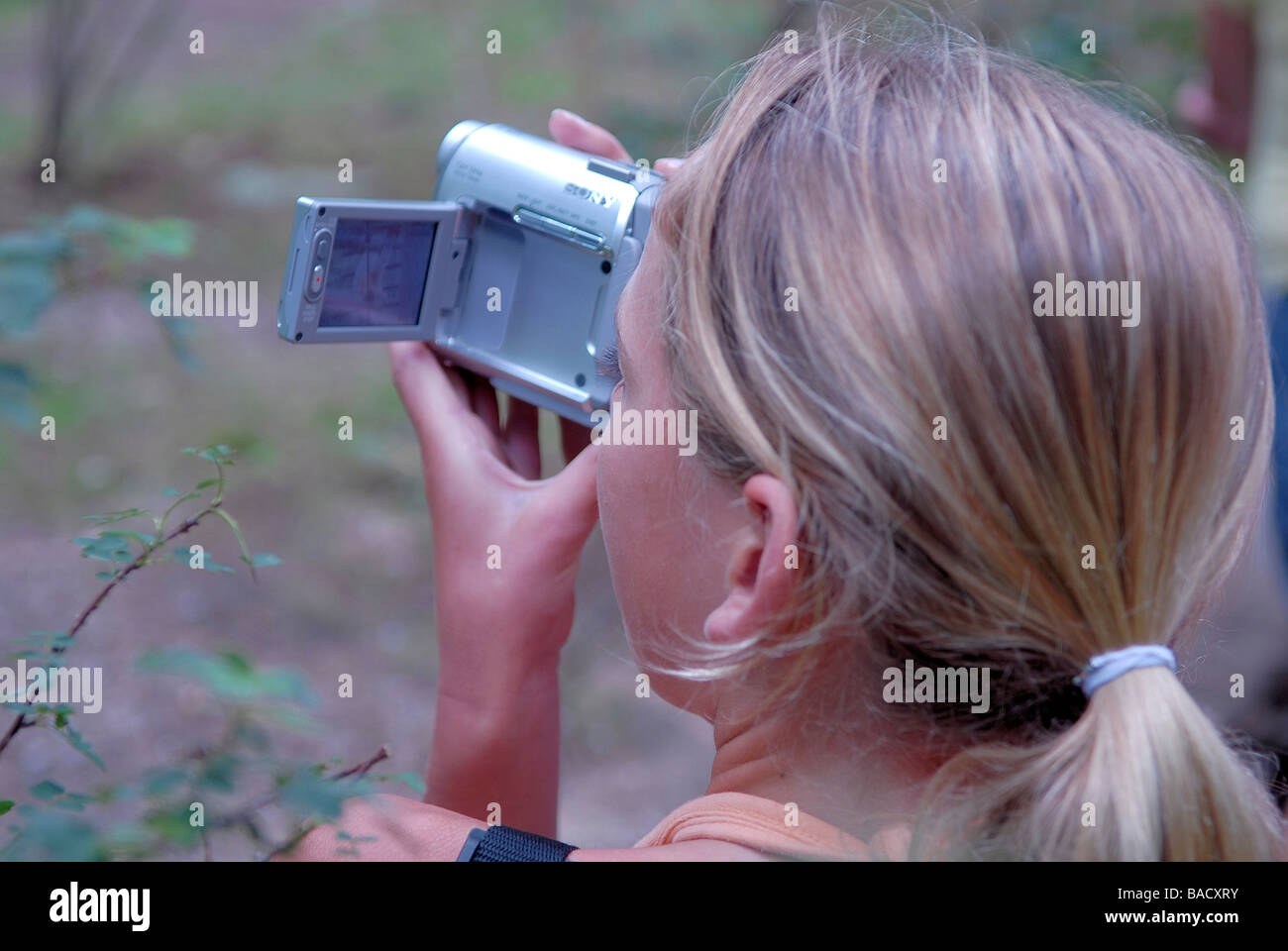 Rear view of a girl using a home video camera Stock Photo - Alamy