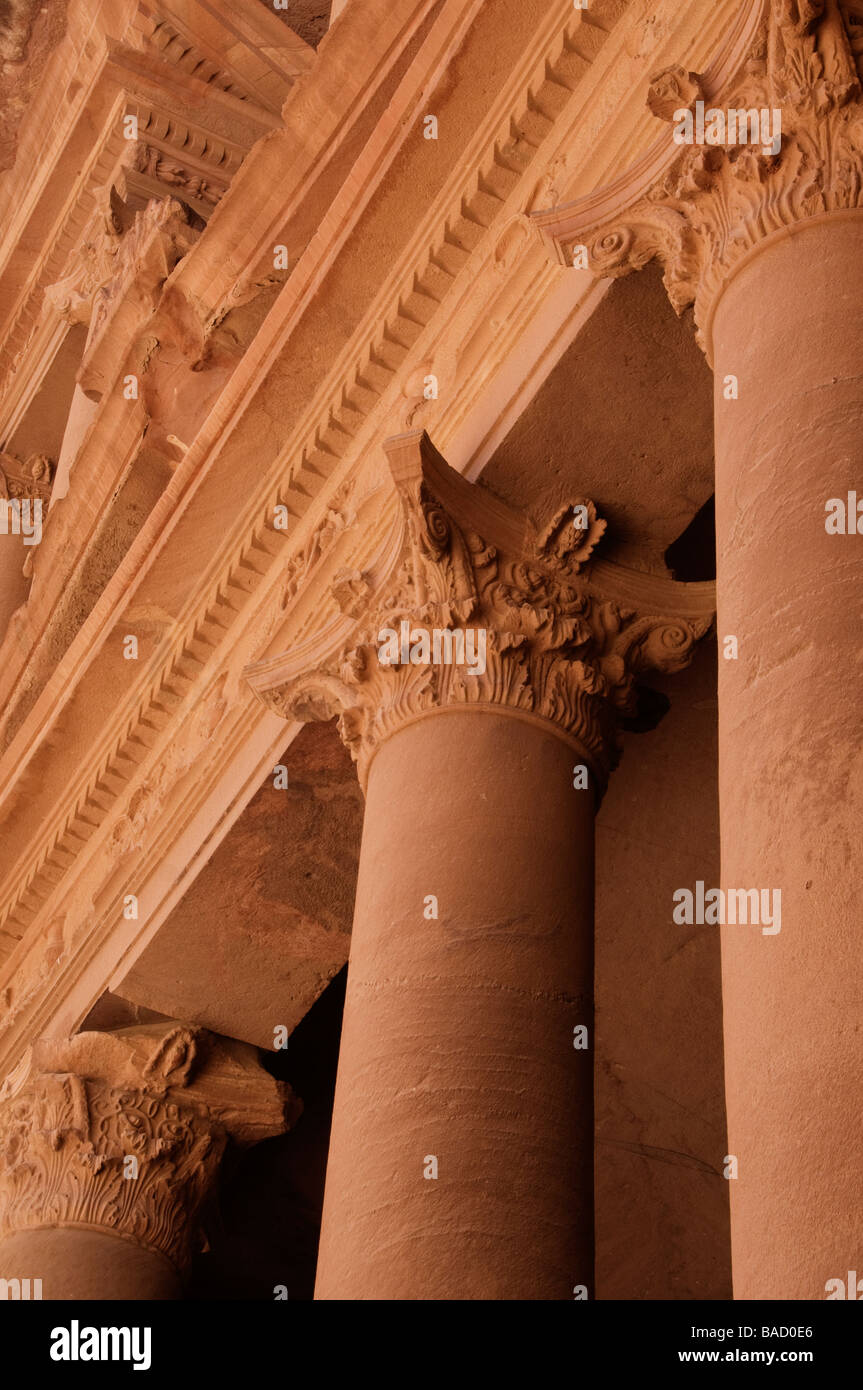 Carved rock cut columns of the El Khazneh treasury monument in the ...