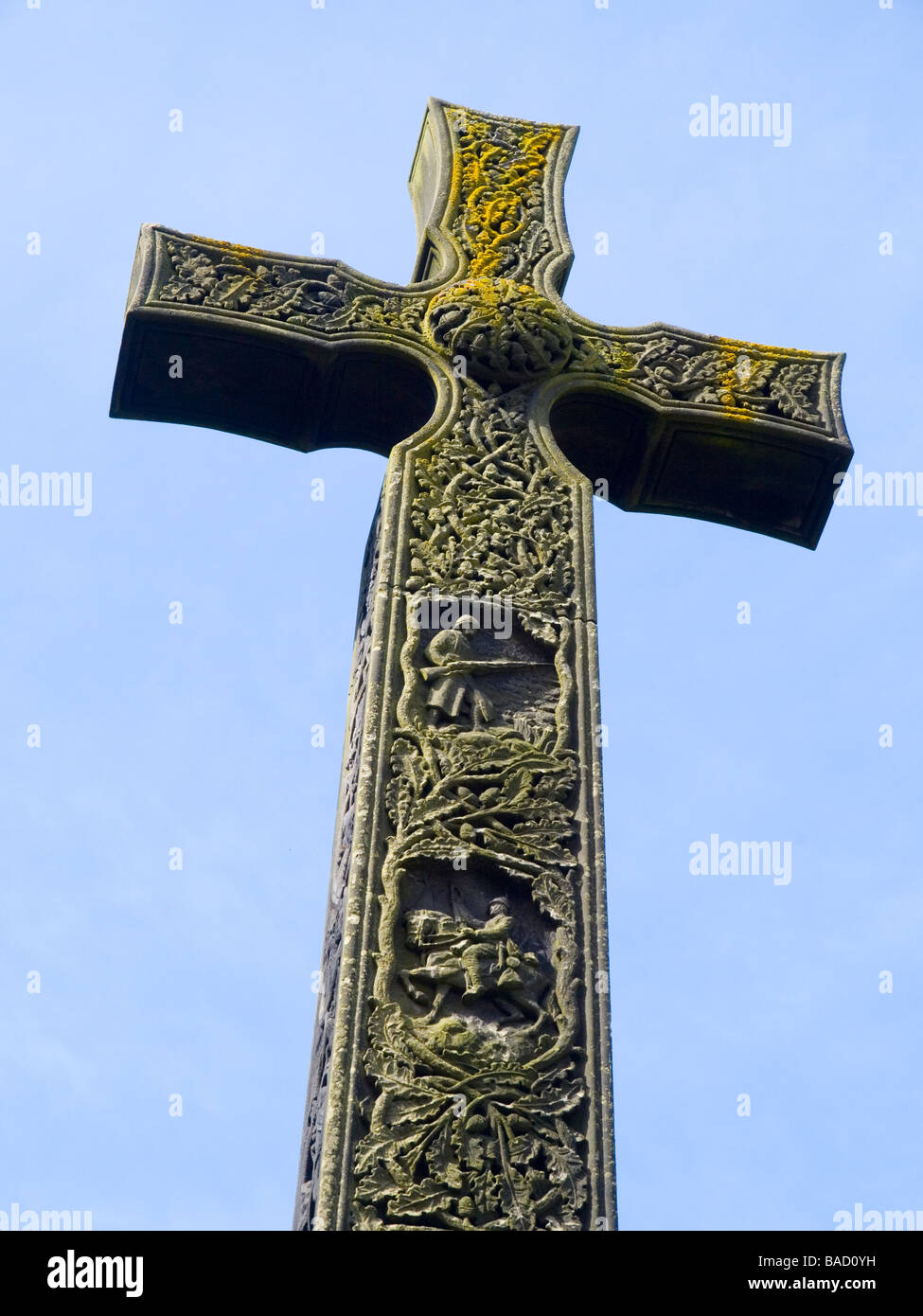 Close up view of a large stone cross in the grounds of Durham Cathedral ...