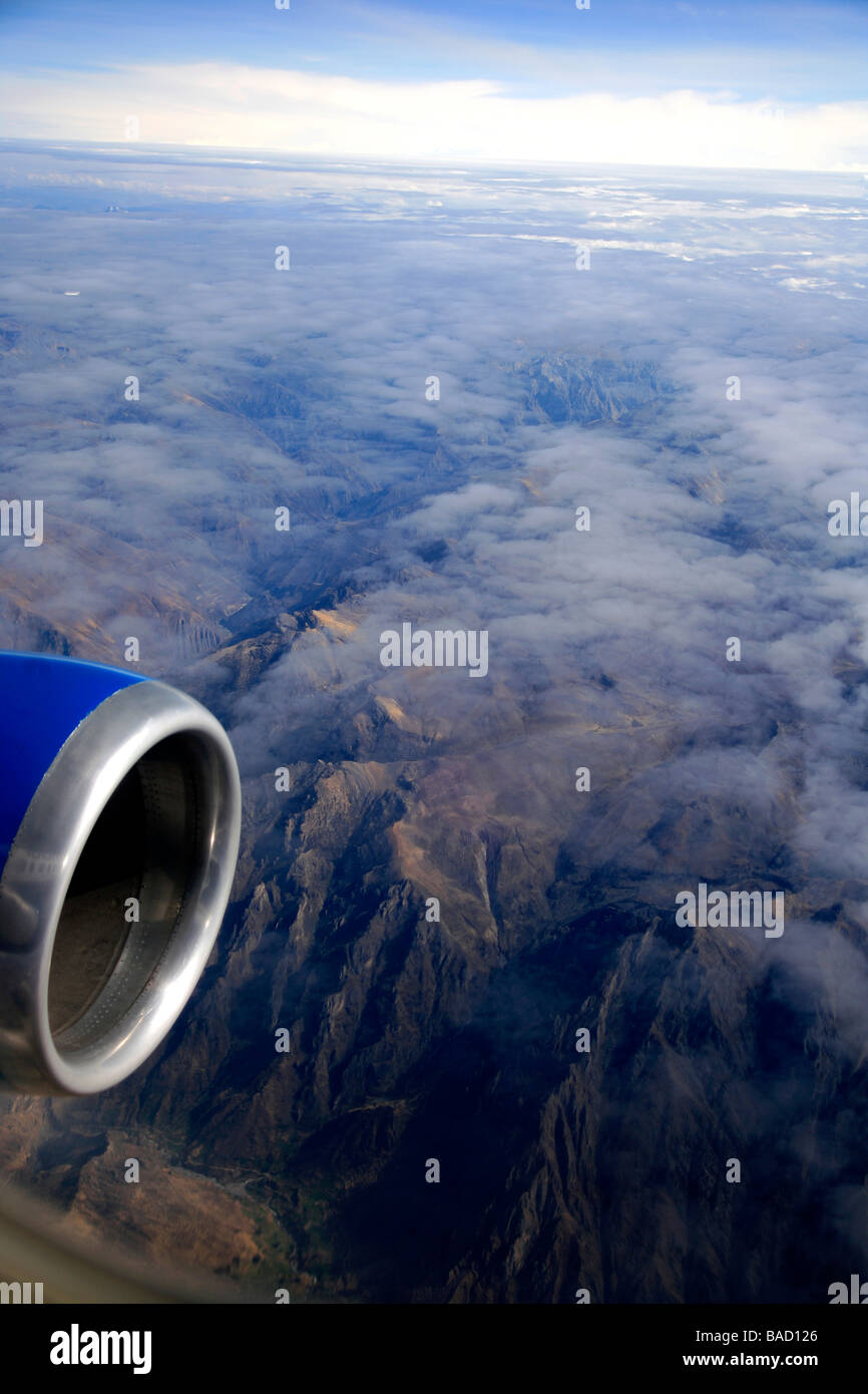 Peruvian Andes Mountains from an Aeroplane with jet engine visible ...
