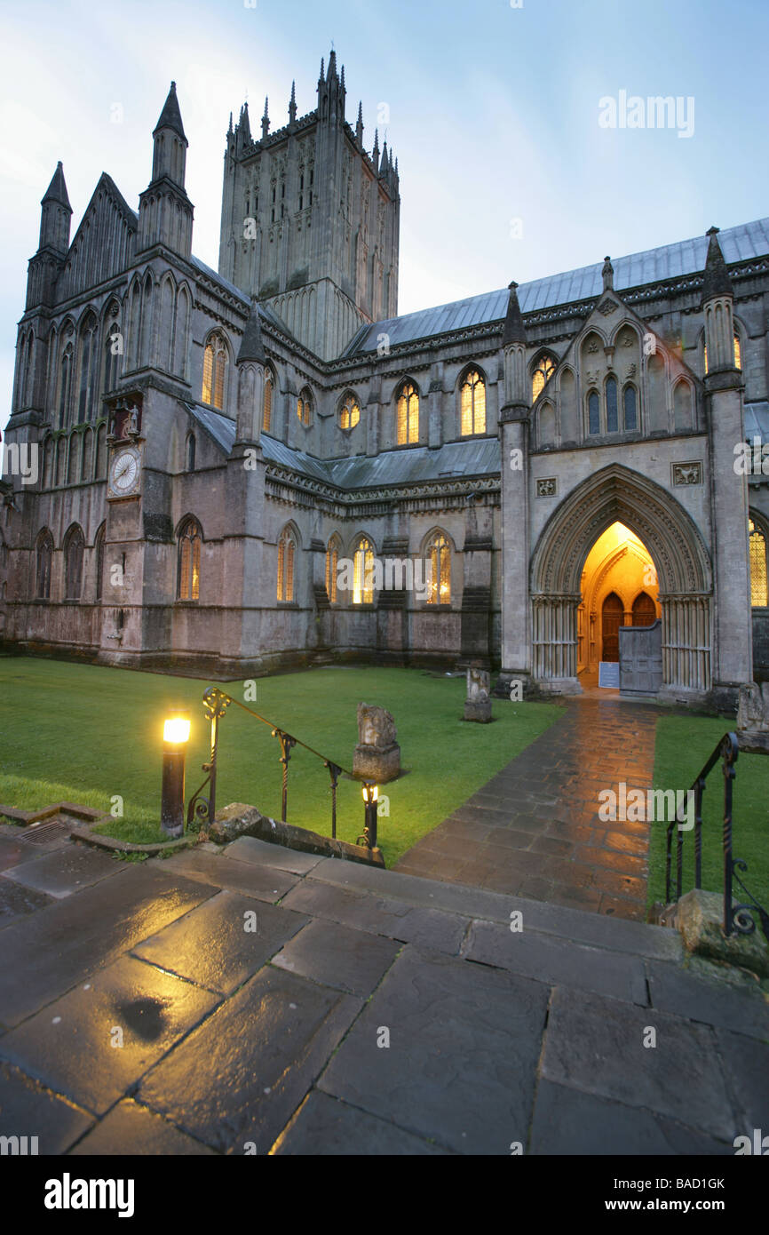 City of Wells, England. Dusk view of the north elevation entrance to ...