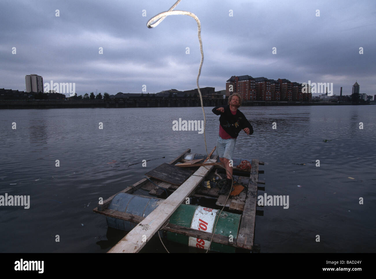 Home made raft on the river Thames Built at the wandsworth Eco village ...