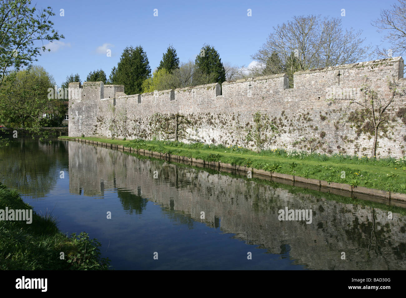 City of Wells, England. Scenic sunny view of the moat at the south west ...