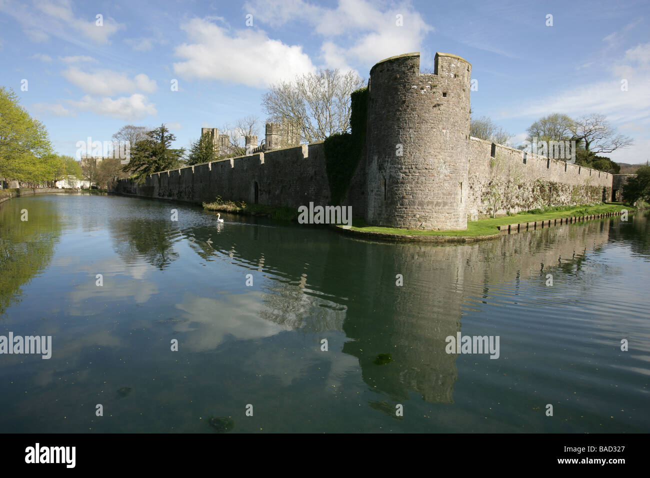 City of Wells, England. Scenic sunny view of the moat and south west ...