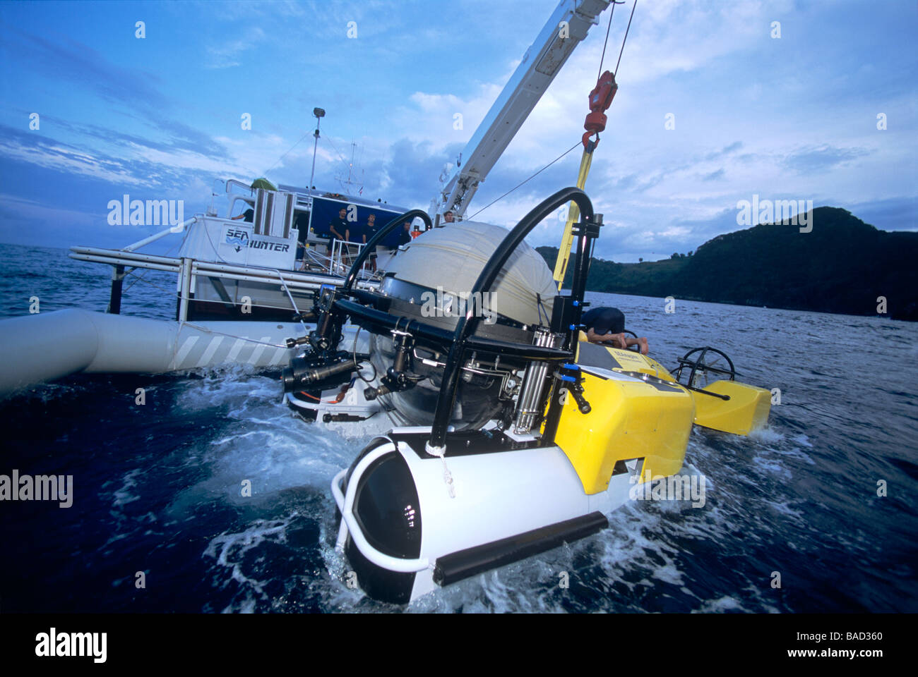Launching DeepSee deep diving submersible into ocean Cocos Island Costa ...
