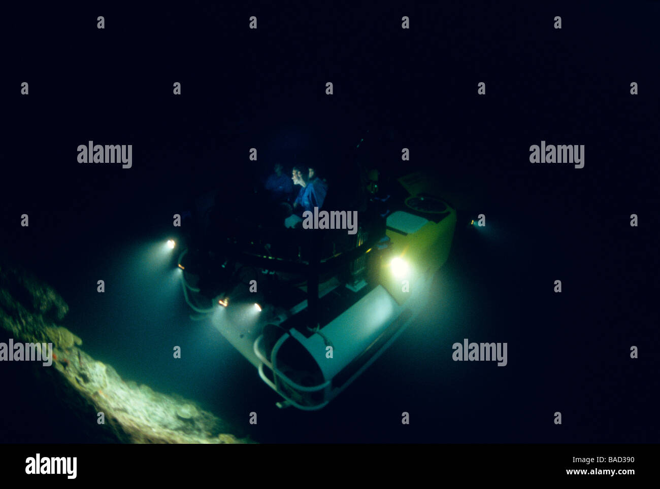 DeepSee deep diving submersible in dark with lights on Cocos Island ...