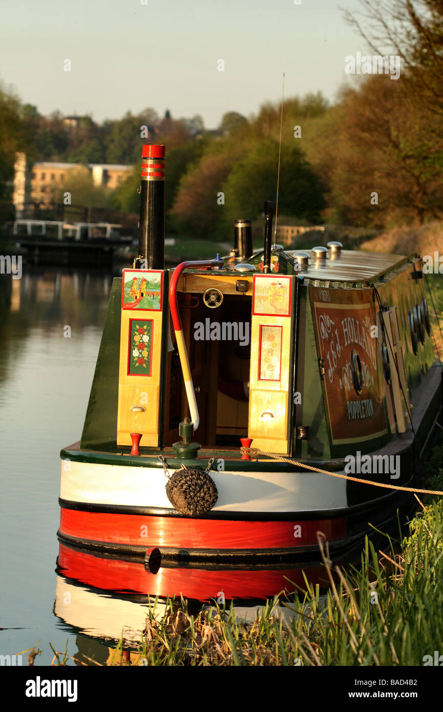 Colourful Canal Boat in late evening spring sunshine Stock Photo - Alamy