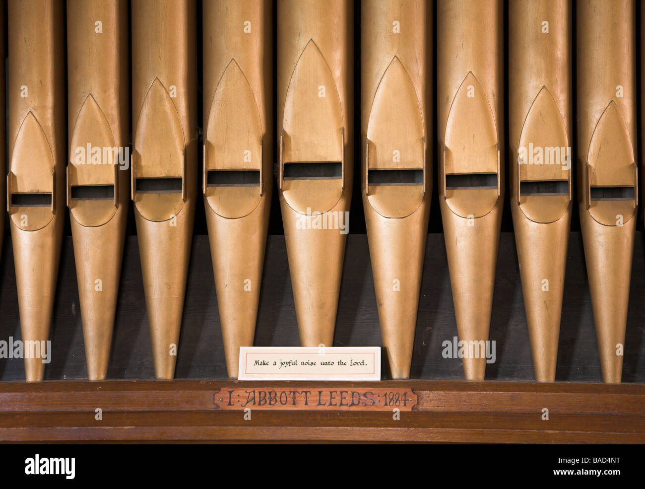 Close up abstract of the pipes of a Church Pipe Organ, (the inscription ...