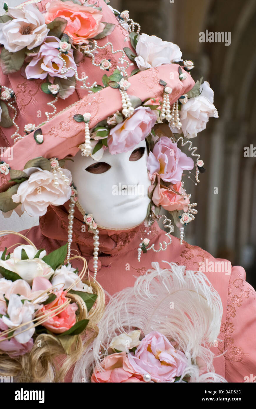 Single Venice carnival white mask with pink disguise full of roses and ...