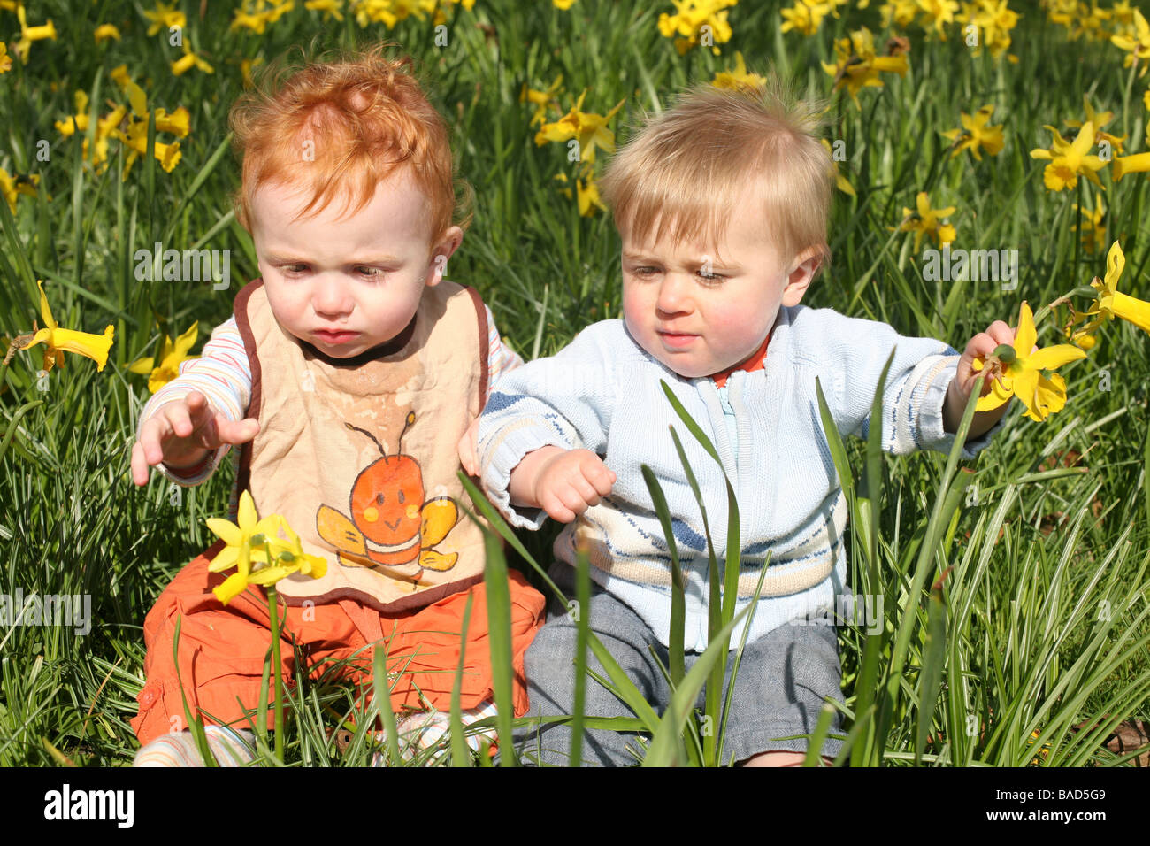 Two boys sitting in the park in spring Stock Photo - Alamy